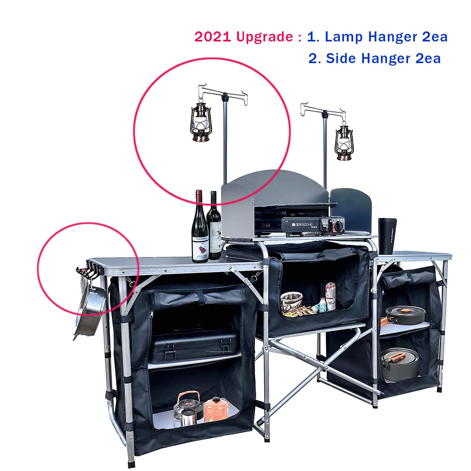 UILB 2021 Upgrade Multifunctional Camping Table with 3 Storage Organizer, Aluminum Windscreen Folding Cooking Table Easy-to-Clean Outdoor Cooking Folding Table