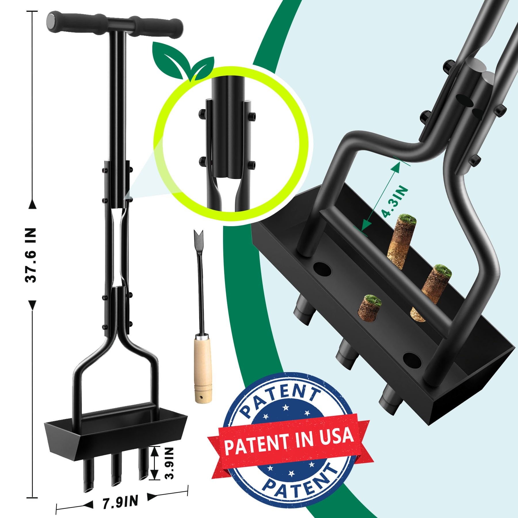vanpein Lawn Aerator Coring Garden Tool with Soil Core Storage Tray, Manual Yard Plug Aerators & Clean Tool, Grass Aeration Gardening Tools with 3 Tines for Lawn Care, Compacted Soil, 37.6β