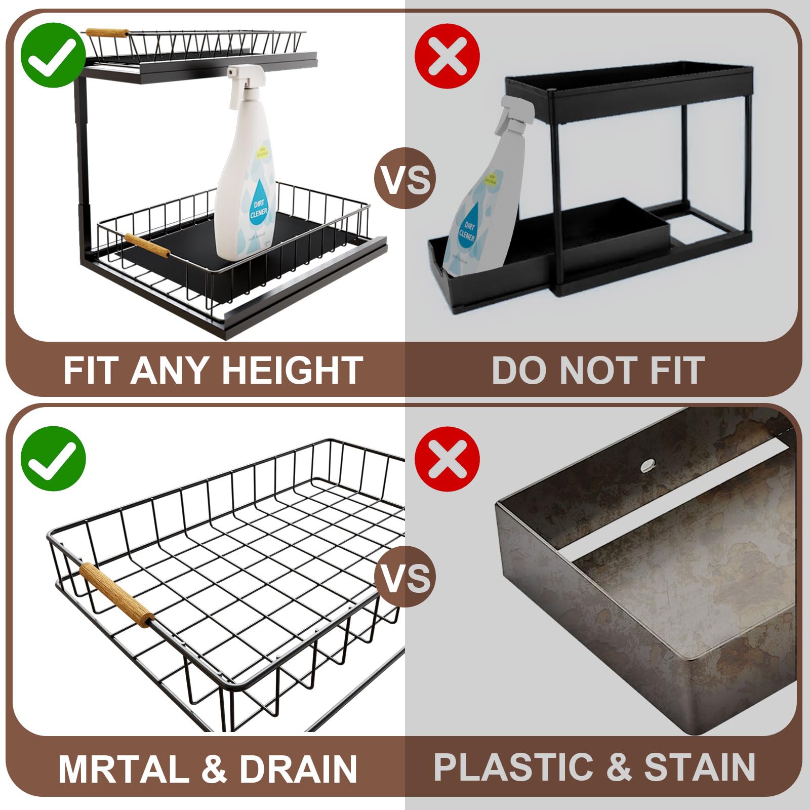Under Sink Organizer, 2 Tier Metal Slide Out Under Sink Kitchen Cabinet Organizer, L Shaped Pull Out Under Sink Storage Basket for Bathroom Kitchen Desk(Black)