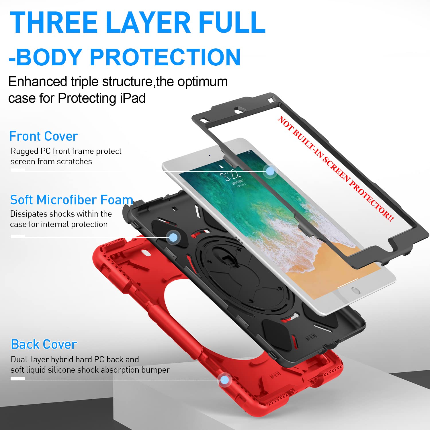 SUPFIVES Case for iPad 6th / 5th Generation 9.7 Inch: Heavy Duty Shockproof Silicone Protective Cover for iPad 6th/5th Gen/Air 2/Pro 9.7 with Rotating Stand+Handle+Pencil Holder+Shoulder Strap, Red