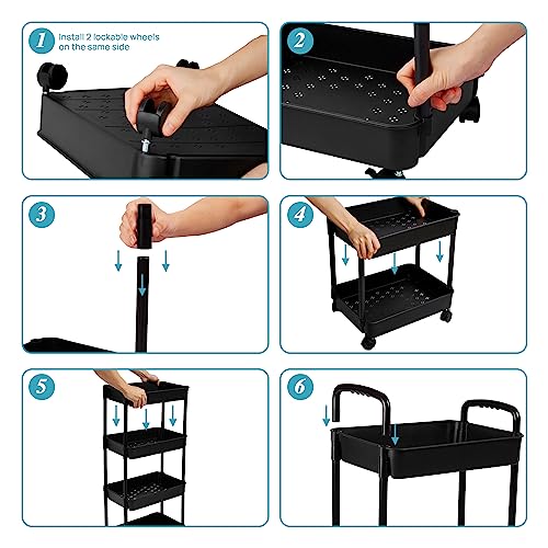 Vtopmart 5 Tier Rolling Cart with Wheels, Detachable Utility Storage Cart with Handle and Lockable Casters, Storage Basket Organizer Shelves, Easy Assemble for Bathroom, Kitchen, Black