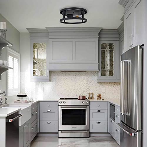 UPSEED 2 Pack Industrial Ceiling Light, 2-Lights Hallway Ceiling Light Fixtures, E26 Base Anti-Corrosion Black Flush Mount Ceiling Light for Hallway Kitchen Dinning Room Laundry Room …