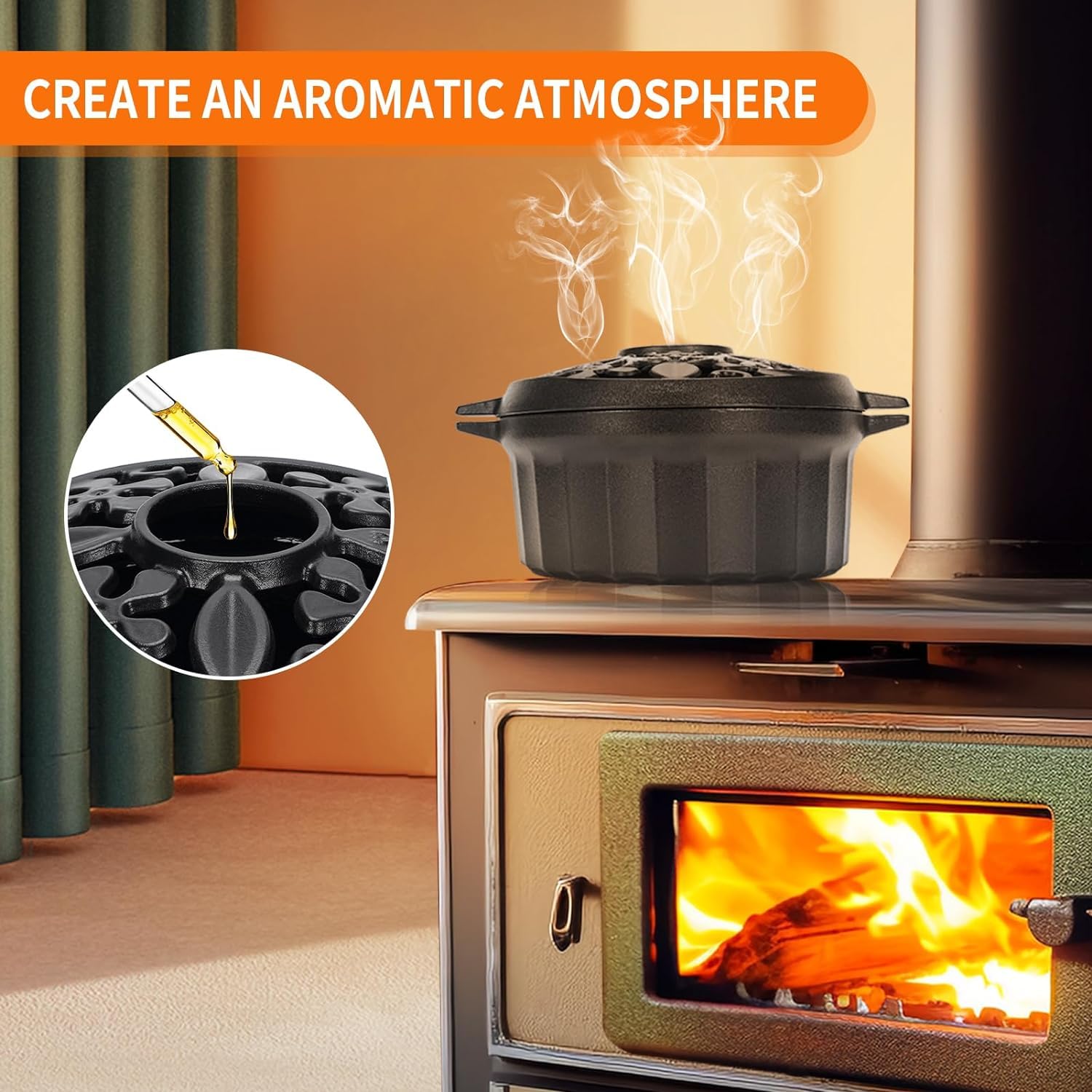 STBoo Wood Stove Steamer: Cast Iron Fireplace Humidifier | Indoor Pot for Home Heating | Round Bowl Fire Place Stove Covers Accessories Decorative | Matte Finish & Rust Resistan & 2.7 Quart, Black