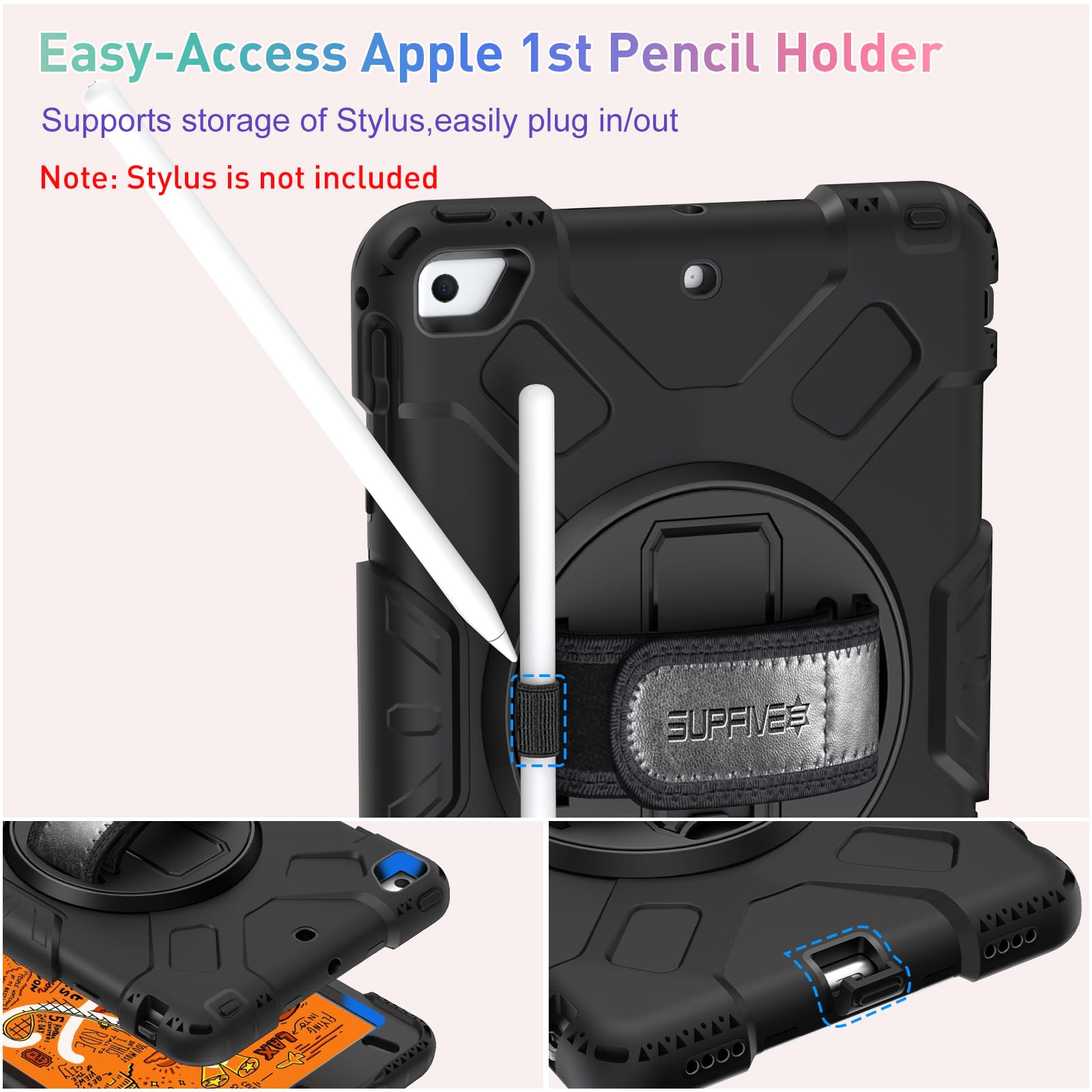 SUPFIVES Case for iPad Mini 5 2019, iPad Mini 4 Case for Kids Military Grade Protective Rugged Case with Shoulder Strap + Kickstand + Pencil Holder for iPad Mini 5th/ 4th Generation 7.9 inch- Black