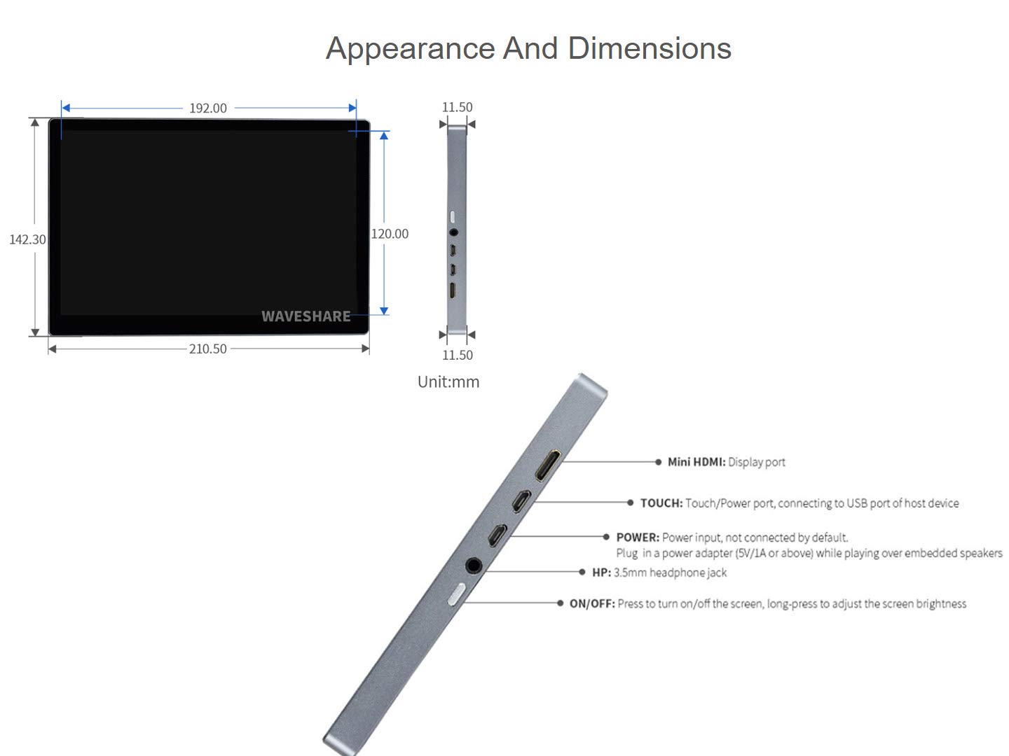 Waveshare 9inch Capacitive Touch Monitor Mini HDMI Port 2560×1600 2K Resolution IPS Screen Fully Laminated Toughened Glass Panel Various Systems and Devices