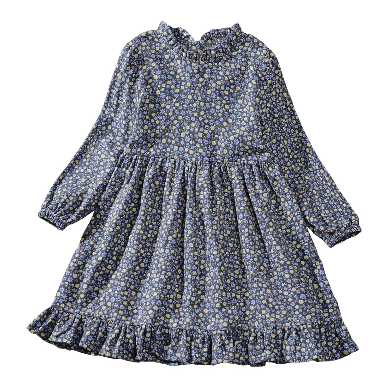VINUOKER Toddler Girls Cotton Dress Long Sleeve Floral Dress for Little Girls Midi Dress 2-8years Fall Winter Dress A-blue