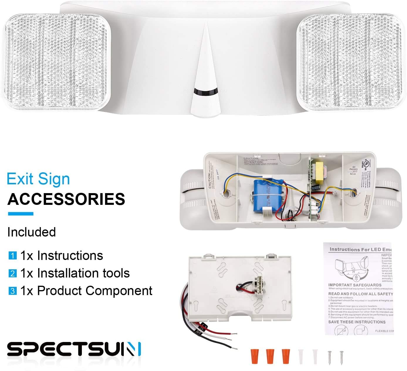 SPECTSUN 12 Pack White Emergency Lighting with 2 LED Heads White Emergency Exit Fixture and Battery Backup -UL 924 Certified and CEC Qualified Emergency Light,ABS housing,Adjustable Light Heads