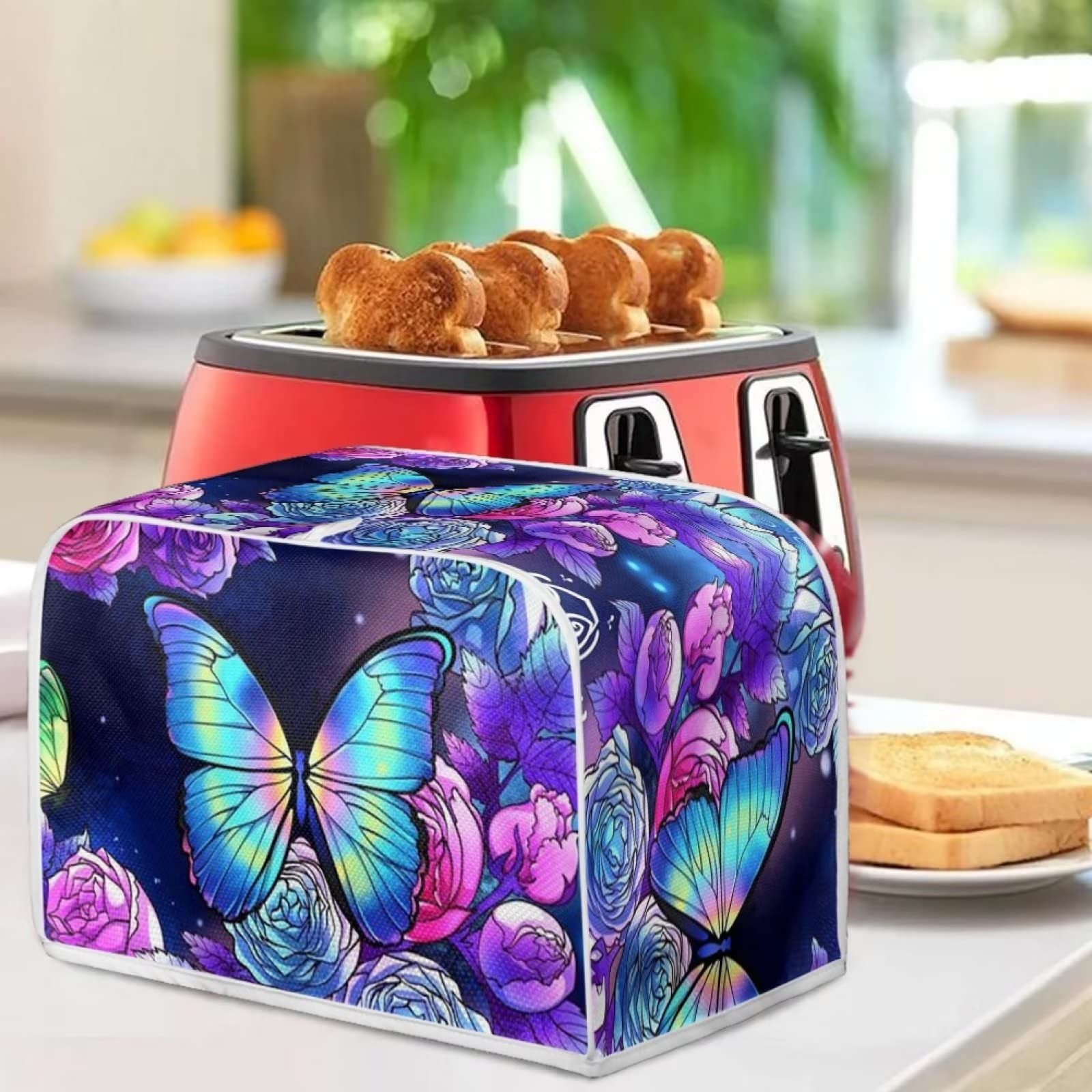 Upetstory 4 Slice Rose Butterfly Toaster Cover Kitchen Medium Appliance Cover with Handle,Dustproof Fingerprint Protection,Machine Washable