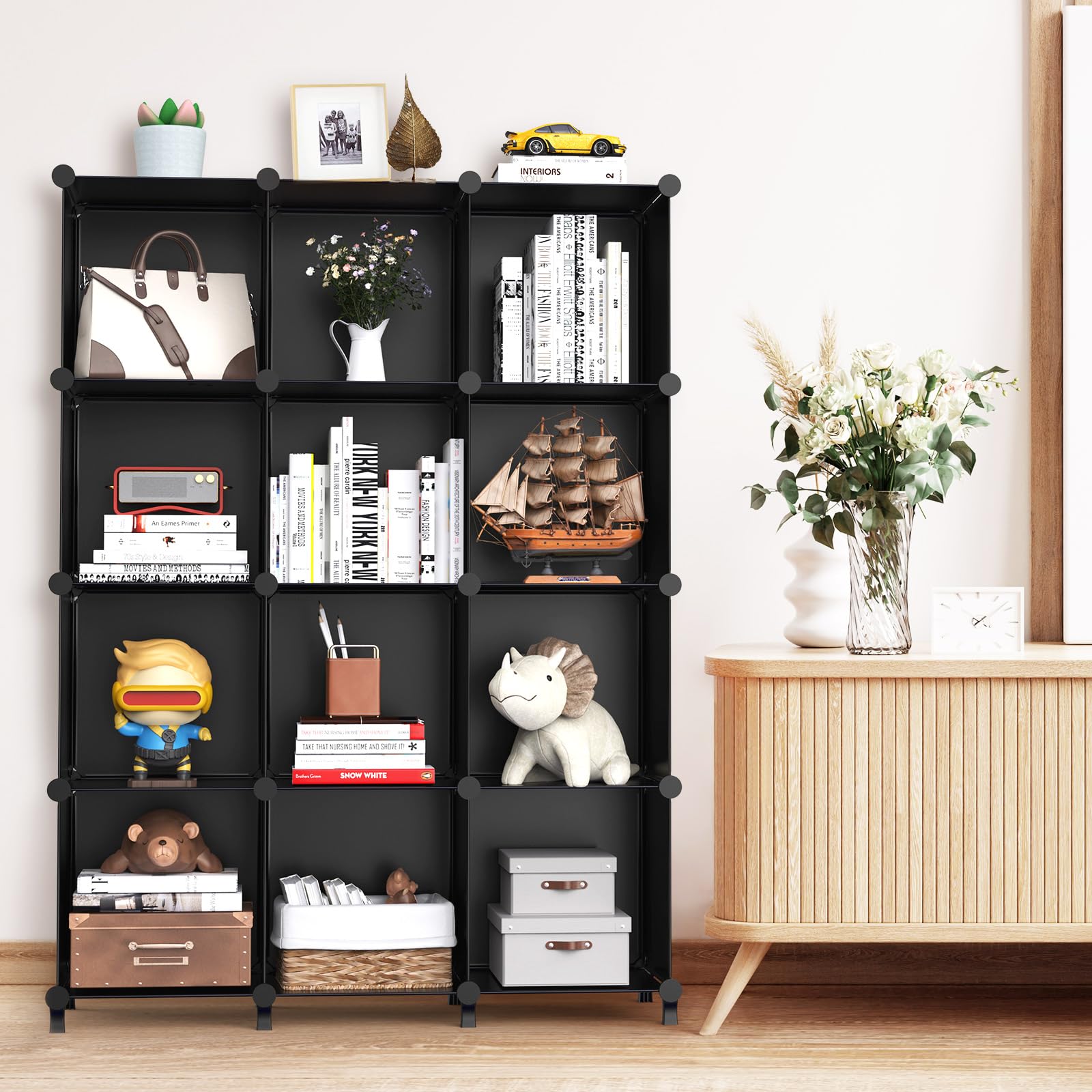 VTRIN Cube Storage Organizer, Large Capacity 12 Cube Storage Shelf Bookshelf DIY Stackable Plastic Cubby Shelving Cube Organizers for Closet, Bedroom, Living Room, Home Office, Black