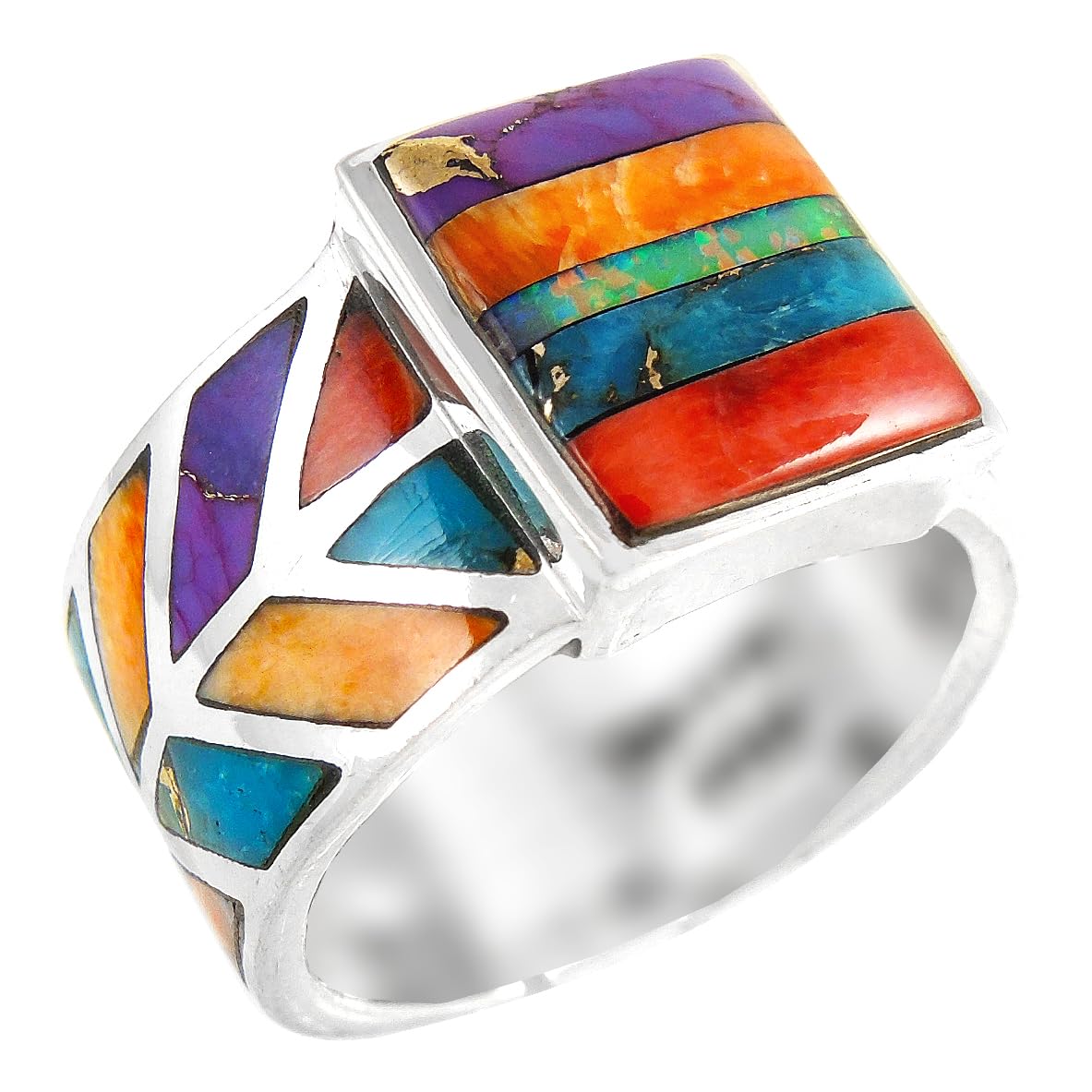 Turquoise Ring Sterling Silver 925 Genuine Gemstones Size 6 to 11 (Choose Color) (Multi-00, 7)