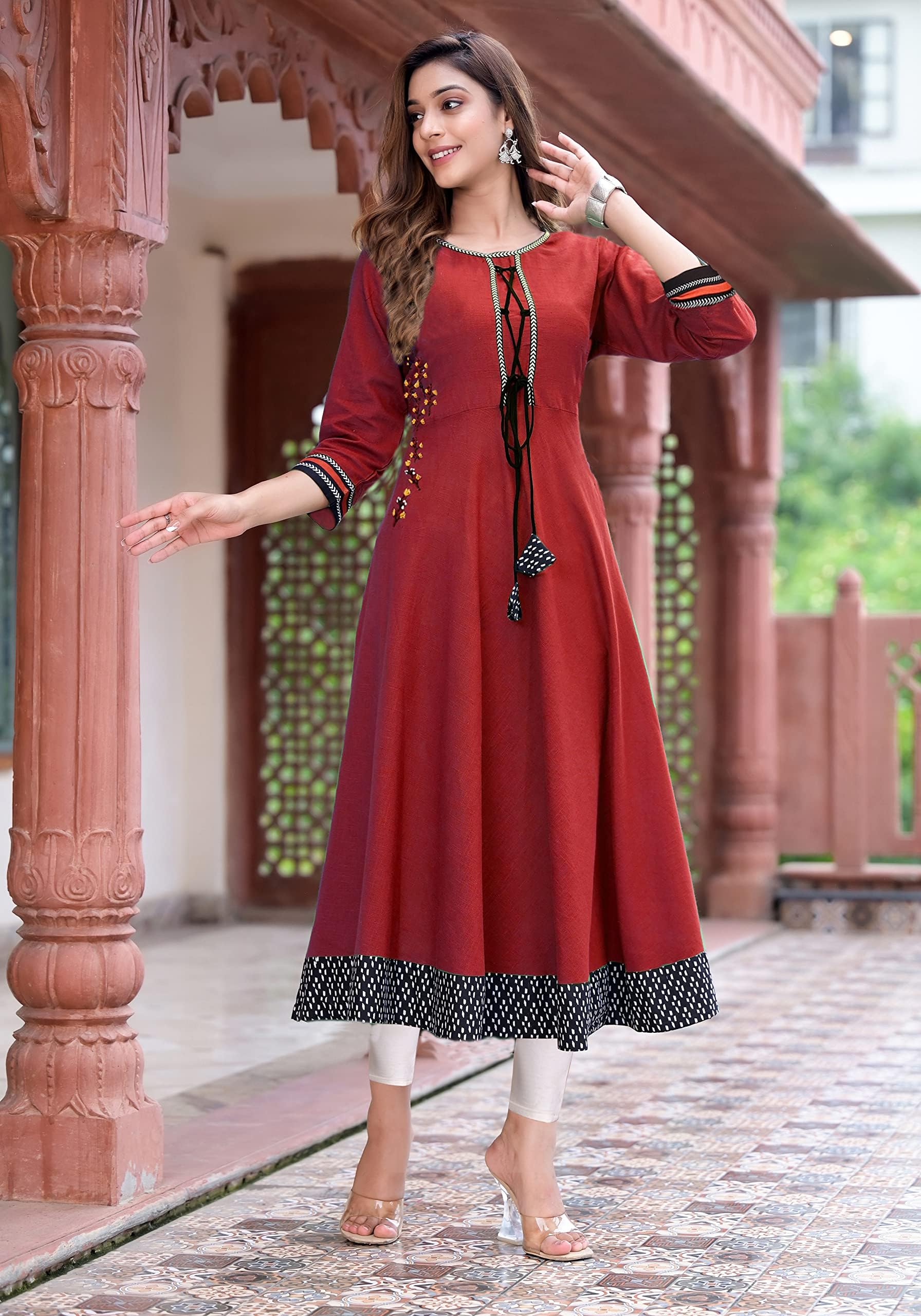Yash Gallery Women's Cotton Slub Embroidered 3/4 Sleeve Round Neck Anarkali Kurtis (US, Alpha, Large, Regular, Regular, Maroon)