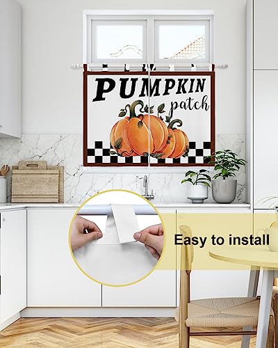 Tab Top Window Curtain,Autumn Farm Orange Pumpkins Patch Tier Curtains Panels Kitchen Valance 2 Drapes,Fall Harvest Black White Checkered Light Filtering Window Treatment for Bathroom Bedroom Cafe