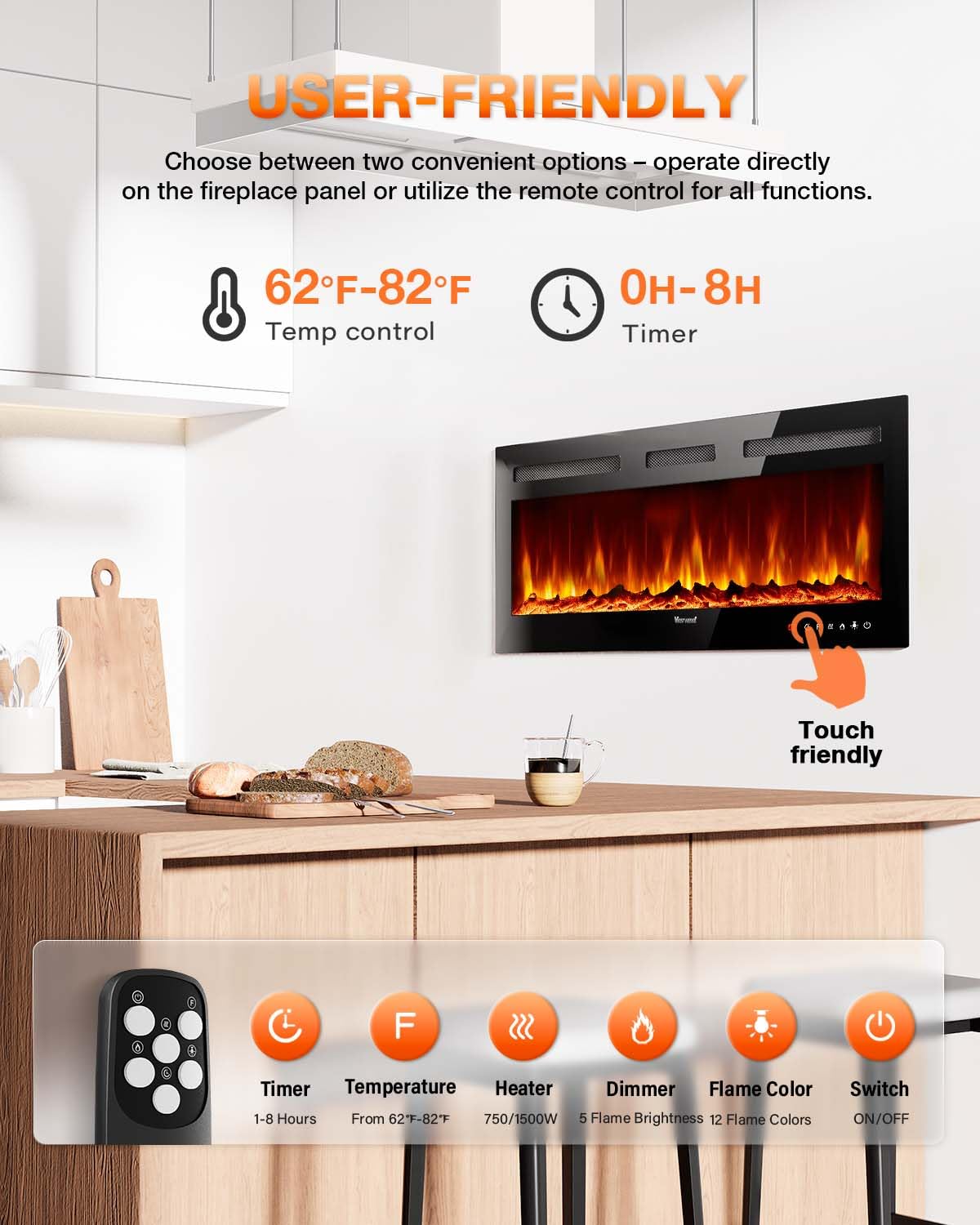 VISVEIL Electric Fireplace 36Inch,Realistic Flame Electric Fireplace Heater,Log Set/Crystal Flames 750-1500W with Timer Inserts/Wall Mounted/TV Stand Touch Screen & Remote for Living Room Easy Install