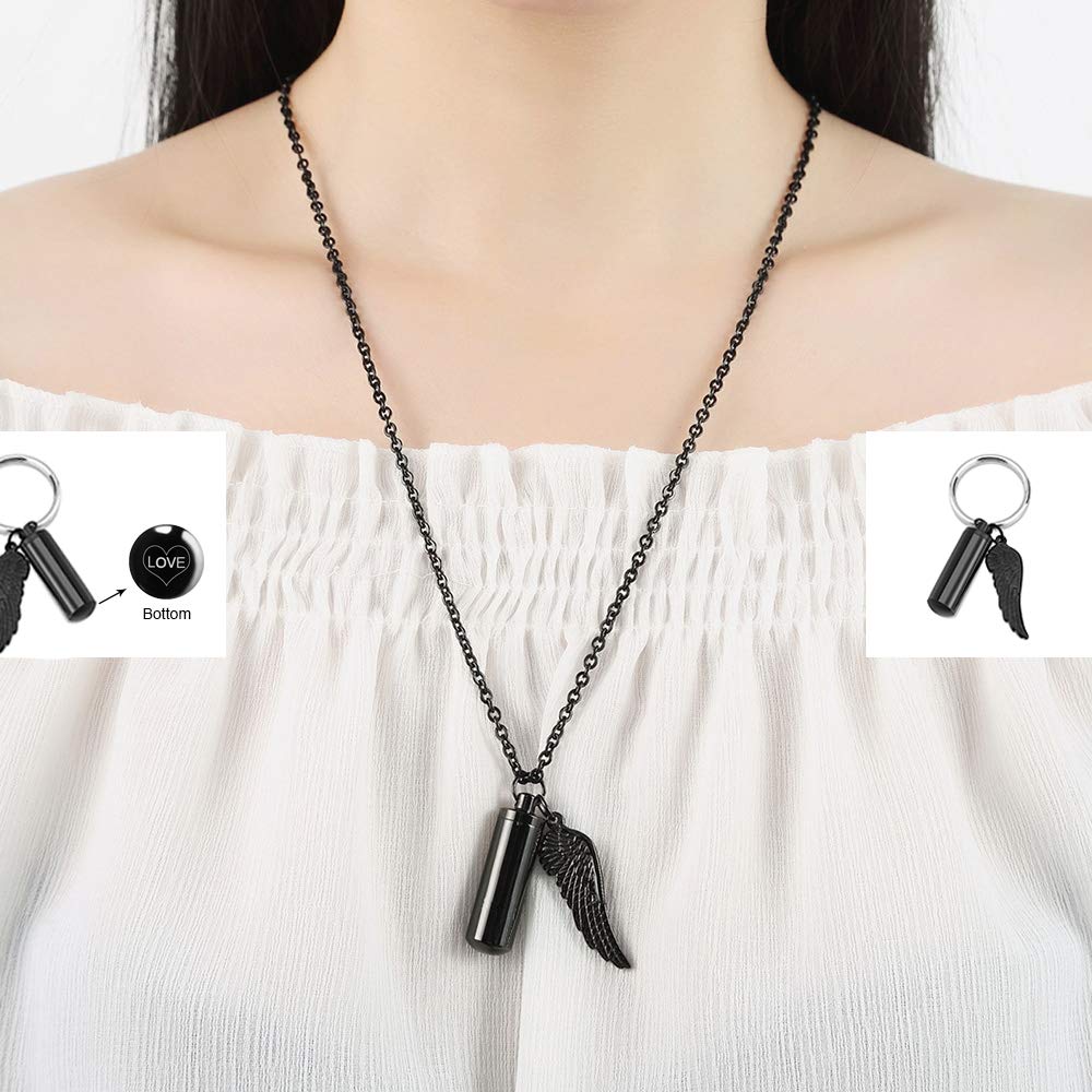 XIUDA Cremation Jewelry Urn Necklace for Ashes with Angel Wing Charm & Cylinder Eternity Stainless Steel (Rose Gold)