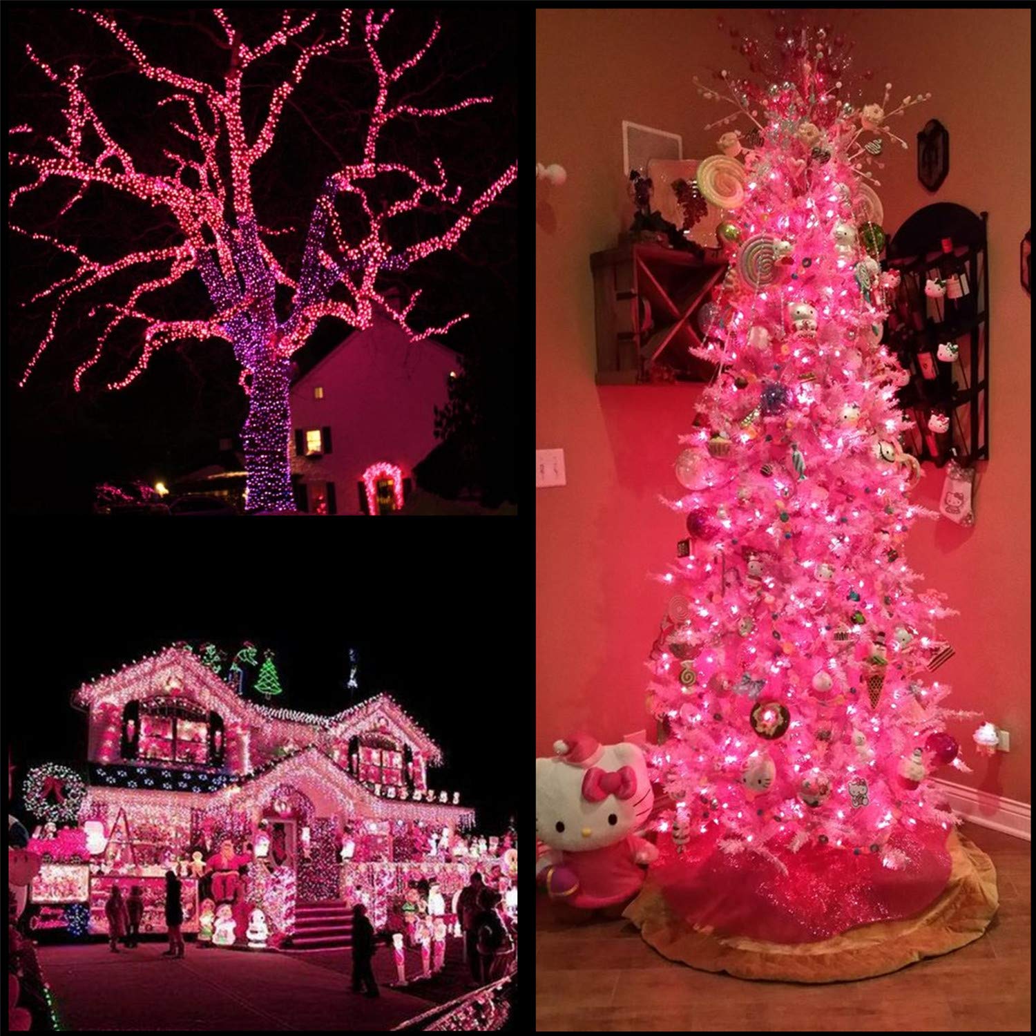 YULETIME 100 Feet 300 Count Pink LED String Lights with 8 Models Adapter, Clear Wire Wide Angle 5mm Christmas Lights (Pink - Multimode)