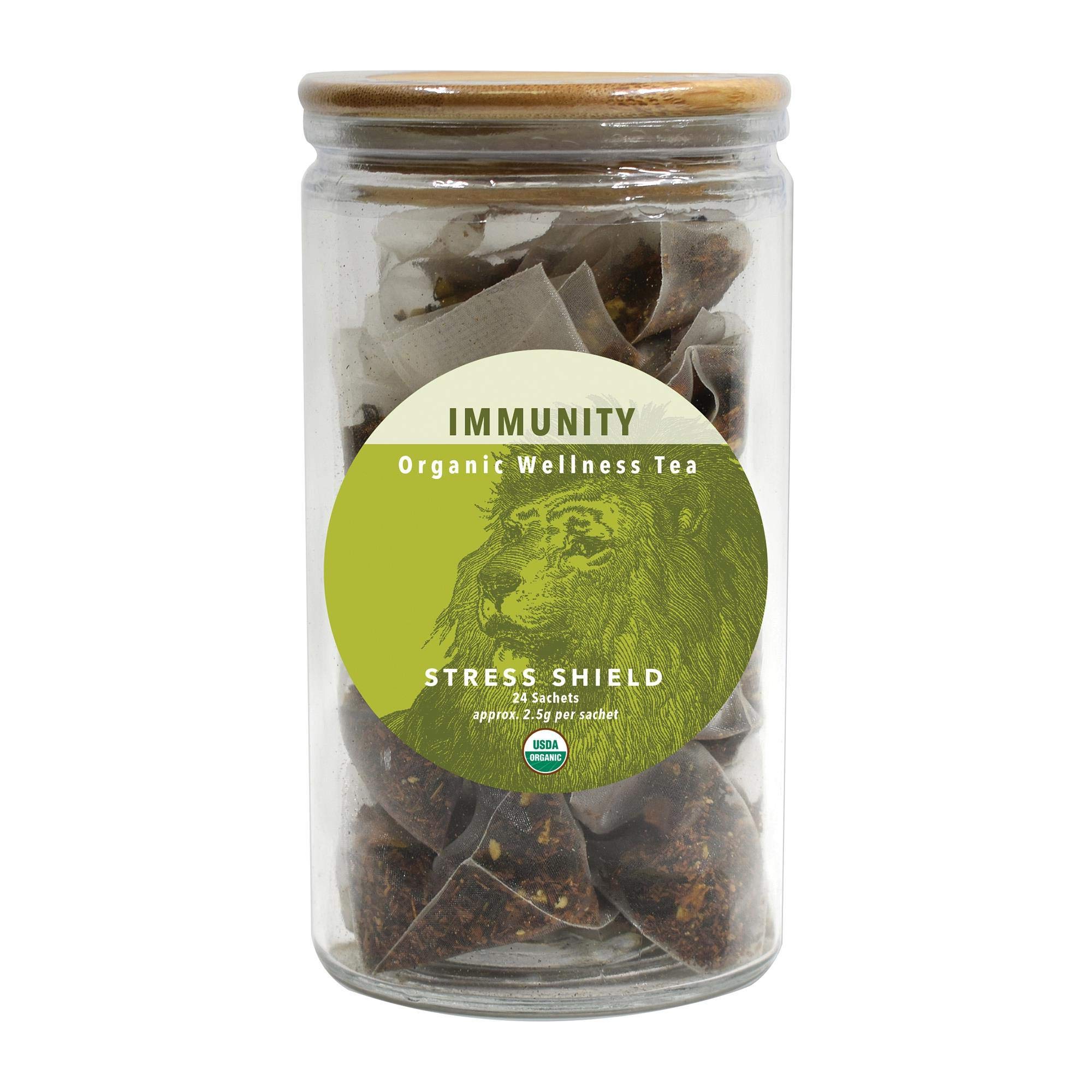 White Lion Immunity (Stress Shield) Wellness Tea | 100% USDA Certified Organic | Antioxidant-Rich Blend of Green & Rooibos Teas | 24 Count Glass Jar