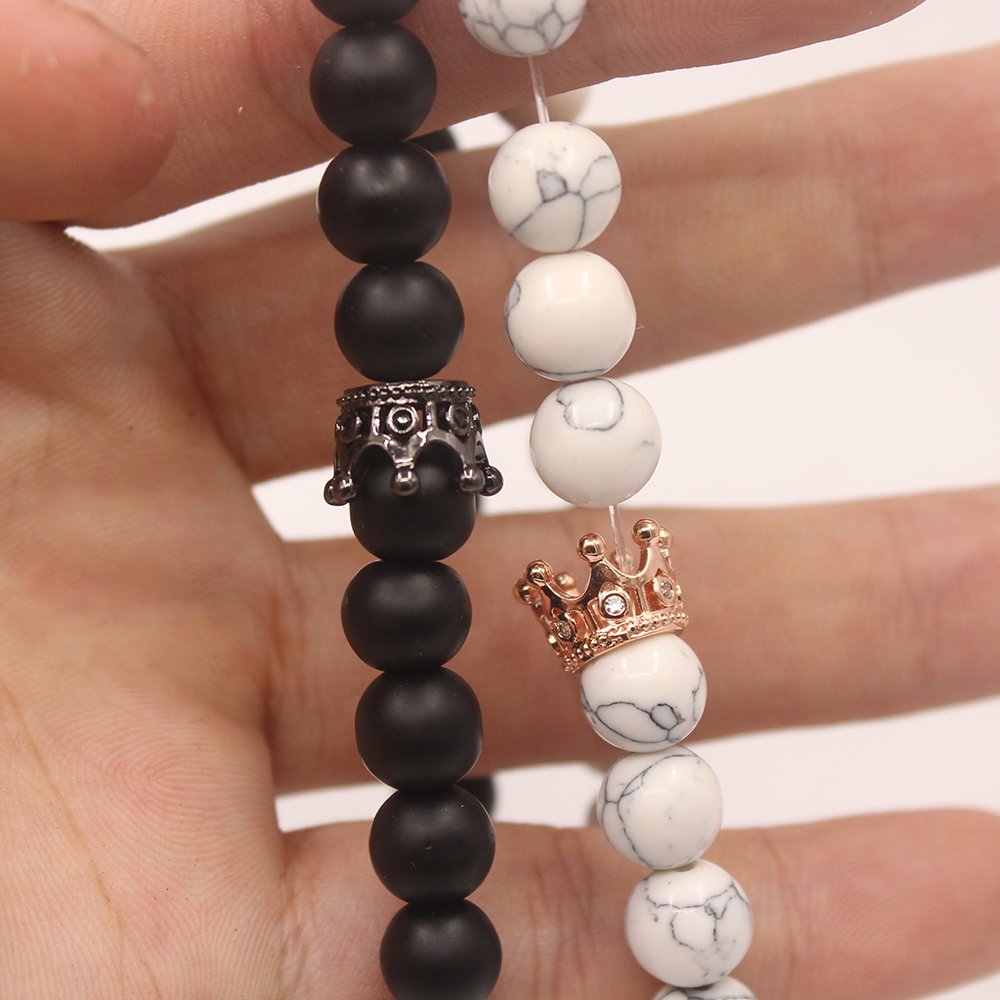 UEUC Distance Couple Bracelets with CZ Crown King&Queen Black&White Howlite 8mm Beads Bracelet