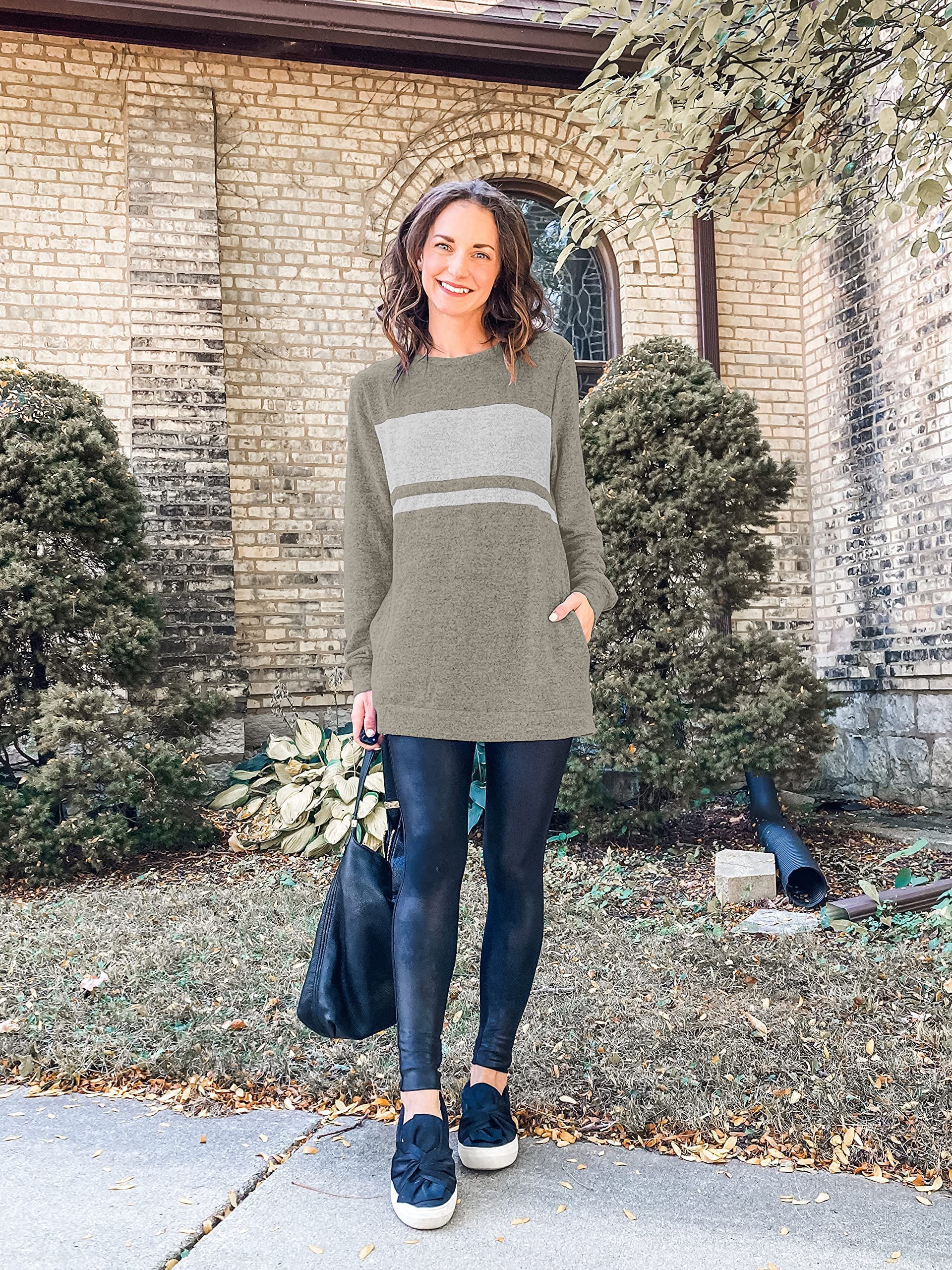 UNIQUEONE Color Block Crewneck Sweatshirt for Women Long Sleeve Casual Shirts Loose cute Pullover Tops with Pockets Light Brown
