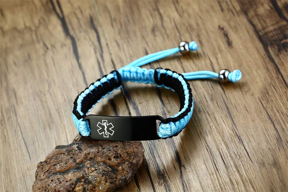 VNOX Customize Medical Alert 13MM Handmade Braided Rope Stainless Steel ID Paracord Adjustable Bracelet,Blue