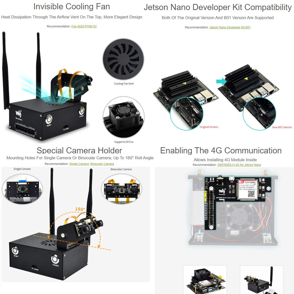 waveshare Metal Case (C) Enclosure with Fan for Jetson Nano Developer Kit and B01 Version with Camera Holder,Reset,Power Buttons Compatible IMX219 Series Camera,Wireless-AC8265
