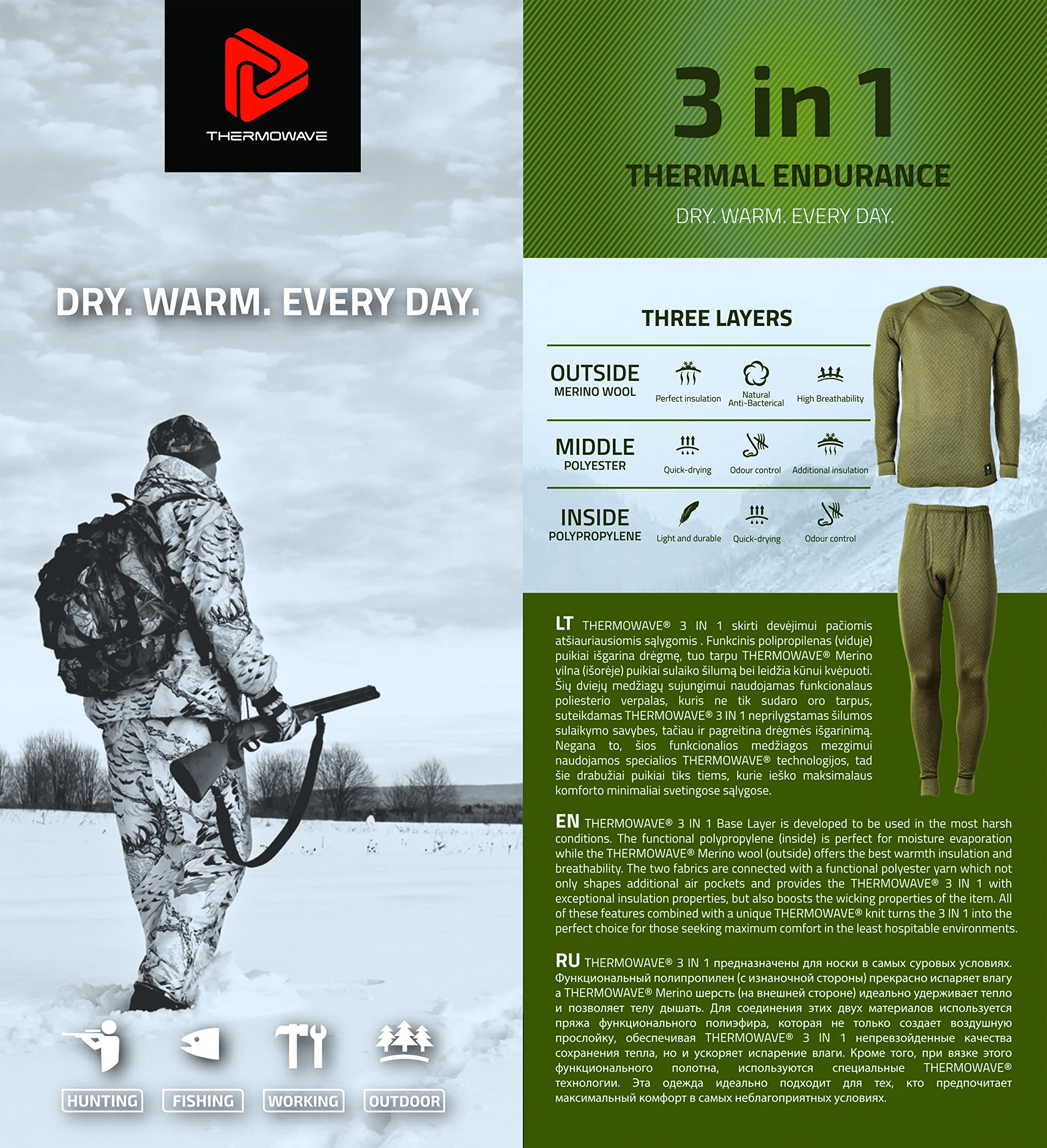 Thermowave - Merino 3 in 1 / Merino Wool Shirt for Fishing, Hunting/CHAKI - Large