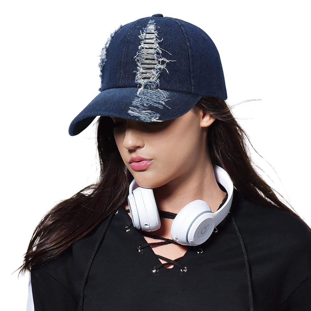 XYIYI Denim Dark Blue Vintage Washed Distressed Baseball Cap Adjustable Cotton Jean Dad Hat for Women Mens