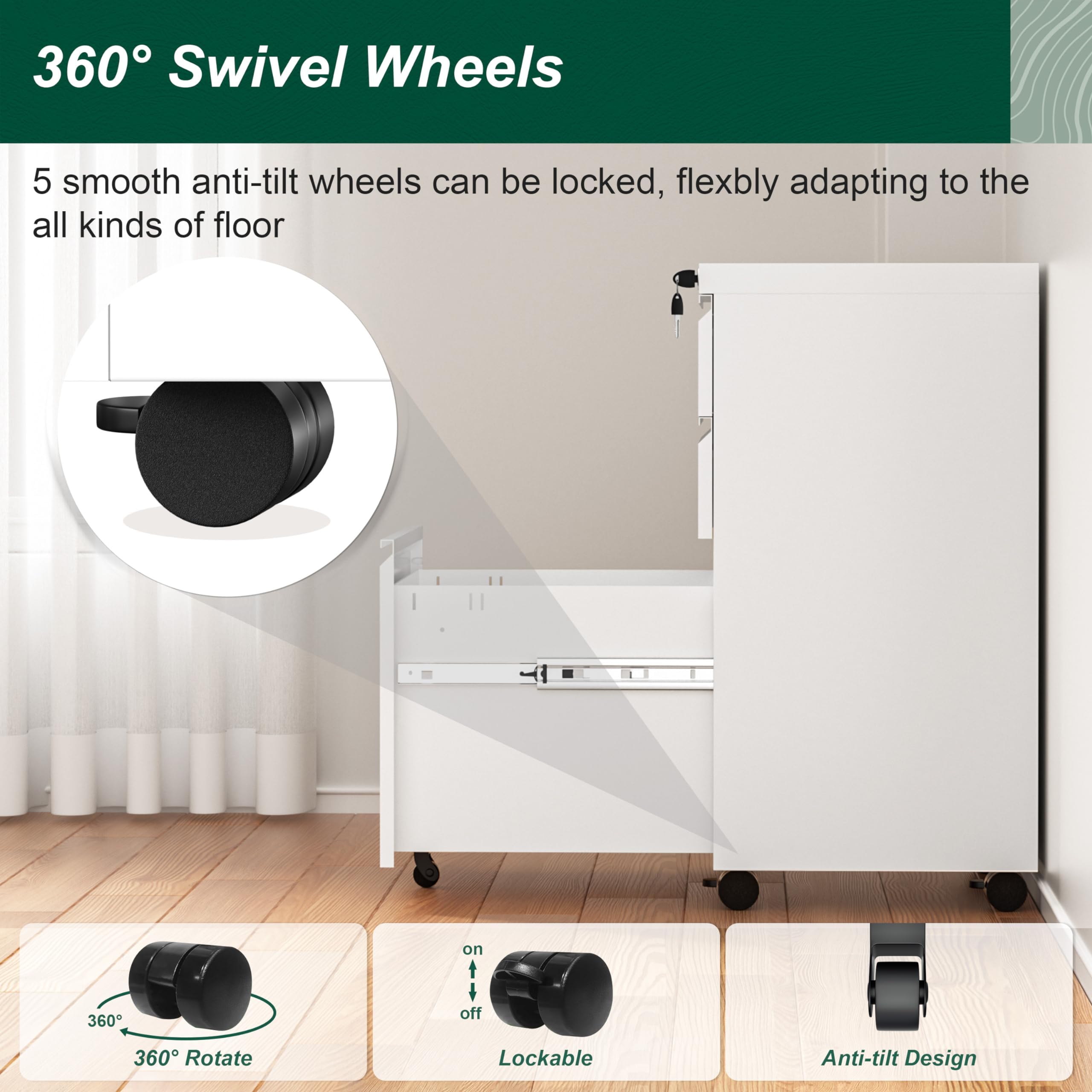 Superday White 3 Drawer Mobile Locking File Cabinet, Metal Rolling Vertical File Cabinet with Drawers, Small Under Desk Lateral Cabinet for Office and Home, Fully Assembled Except Wheel