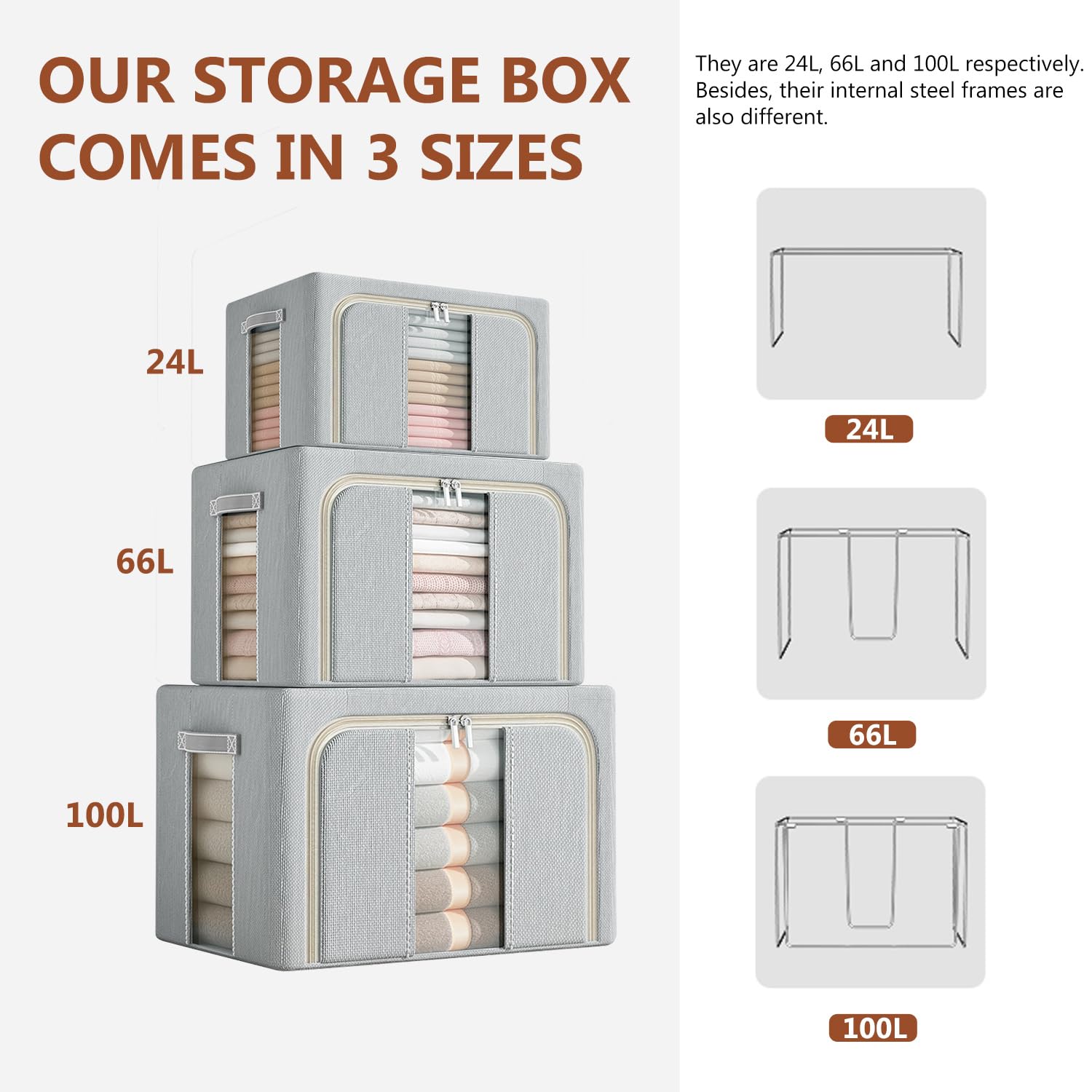 VAN CADENE 24L Clothes Storage Bins Metal Frame Clothes Storage Organizer Bedding Storage Bags with Zipper and Clear Windows, Closet Storage Bins for Organizing(15.7L×11.8W×7.8H - 3 Pack)