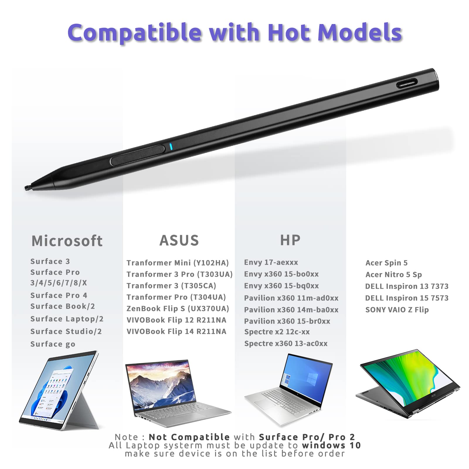 Slim Pen for Surface Pro 8 Stylus Pen - Compatible with Surface Pro 8 7/Surface Pro X/Surface Laptop Studio,Real-time and Pinpoint Accuracy Active Pen for ASUS/HP/ACER/DELL TouchScreen Tablet Pencil