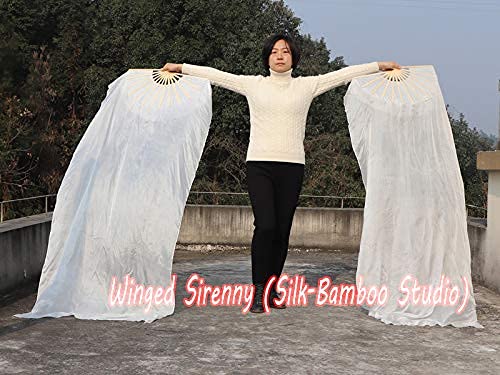 Winged Sirenny Belly Dance Silk Fan Veils Adjustable Pairs, 70"(180 cm) Worship Praise Flags Streamers(white)