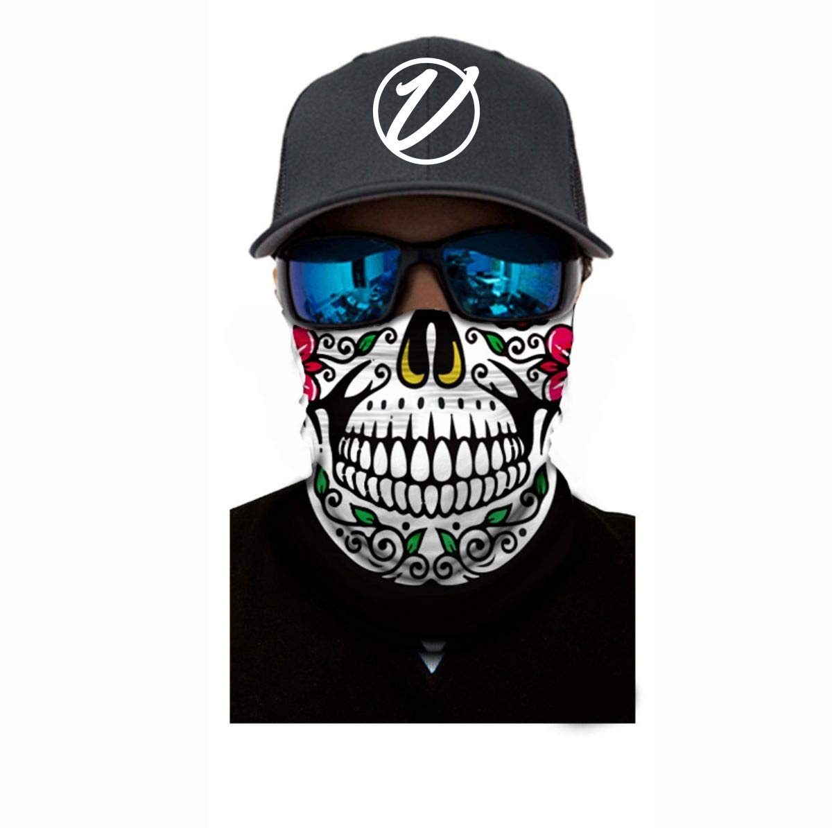 VulgrCo Skulls Fishing Hunting Outdoor Neck Gaiter Face Bandanna (Sugar Skull White)