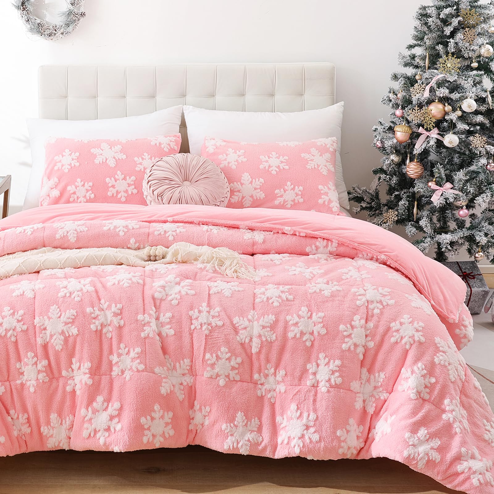 weigelia Queen Comforter Set Pink Velvet Comforter with 2 Pillowcases Ultra-Soft Microfiber Cozy Bedding 3PCS Fluffy Comforter Queen Set for Girls Xmas Themed Snowflake Christmas Room Décor
