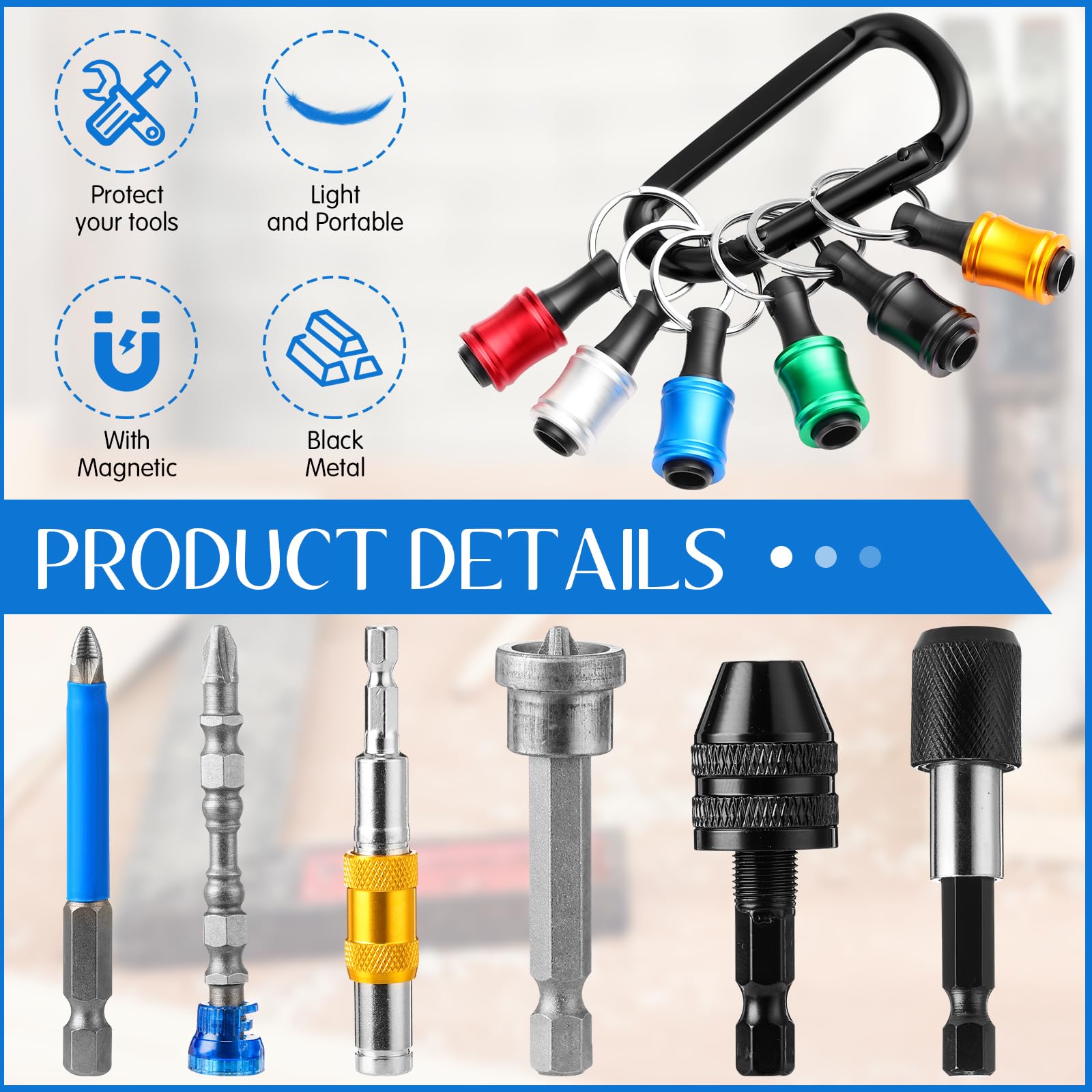 Therwen 30 Pcs 1/4" Hex Shank Aluminum Screwdriver Bit Holder Screwdriver Bits Holder Aluminum Alloy Bit Holder Keychain Bit Organizer Drill Screw Adapter for Tool, 6 Color with Black Clip(Classic)