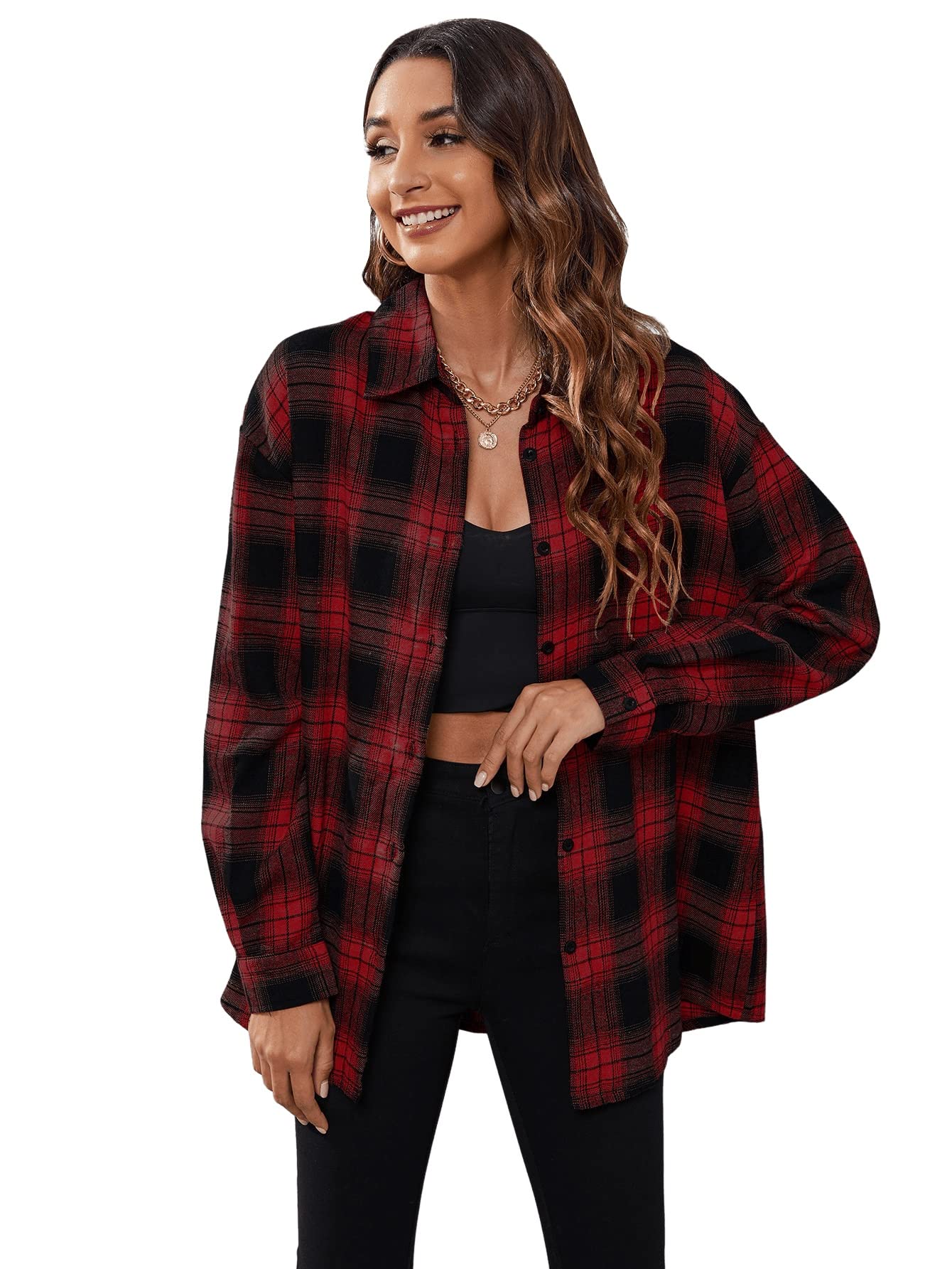 SweatyRocks Women's Plaid Button Front Long Sleeve High Low Shirt Blouse Top Black Red Plaid S