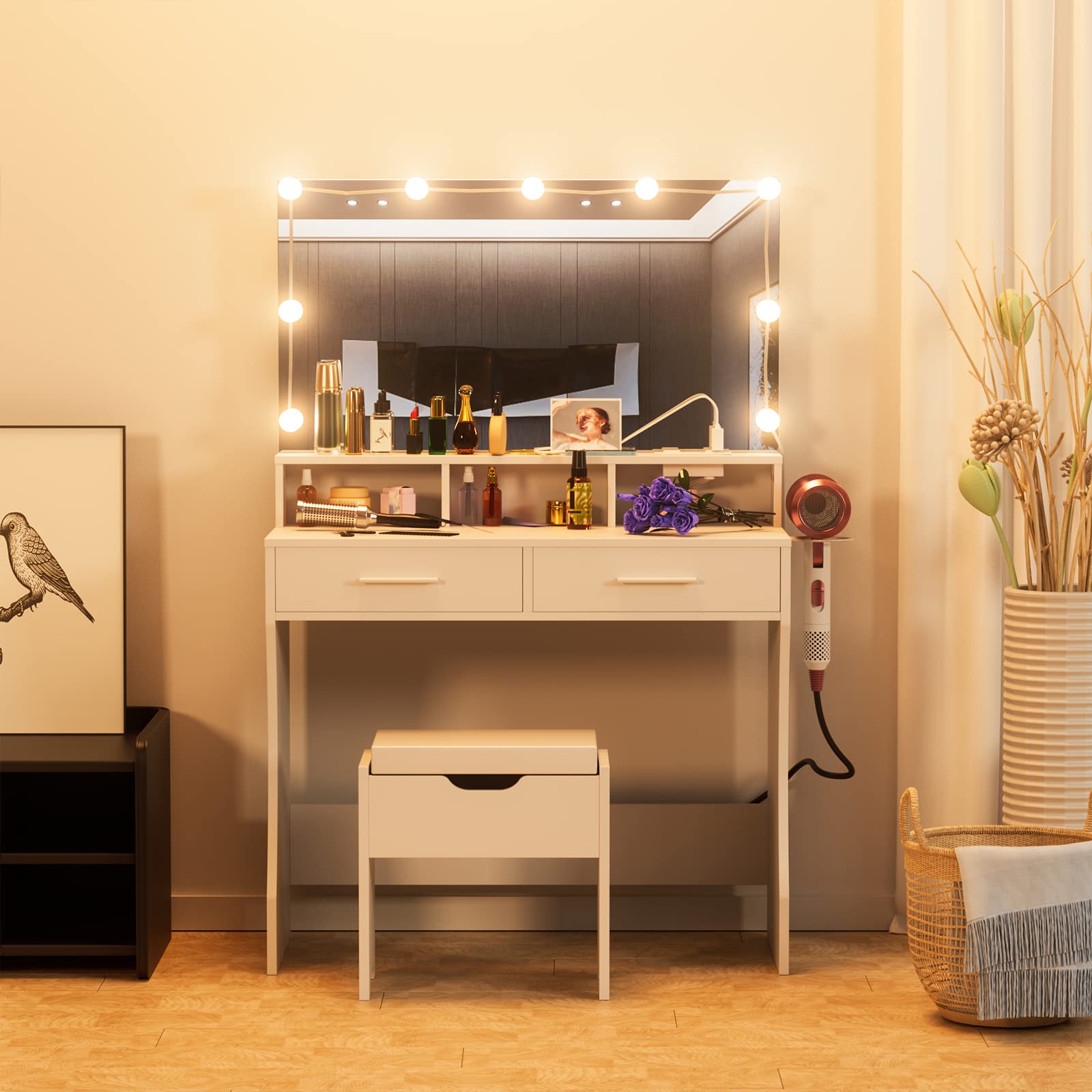 Vabches Makeup Vanity with Lighted Mirror & Outlet Charging Station, White Vanity Set Makeup Table, 3 Lighting Colors, Brightness Adjustable, 31.5in(W)