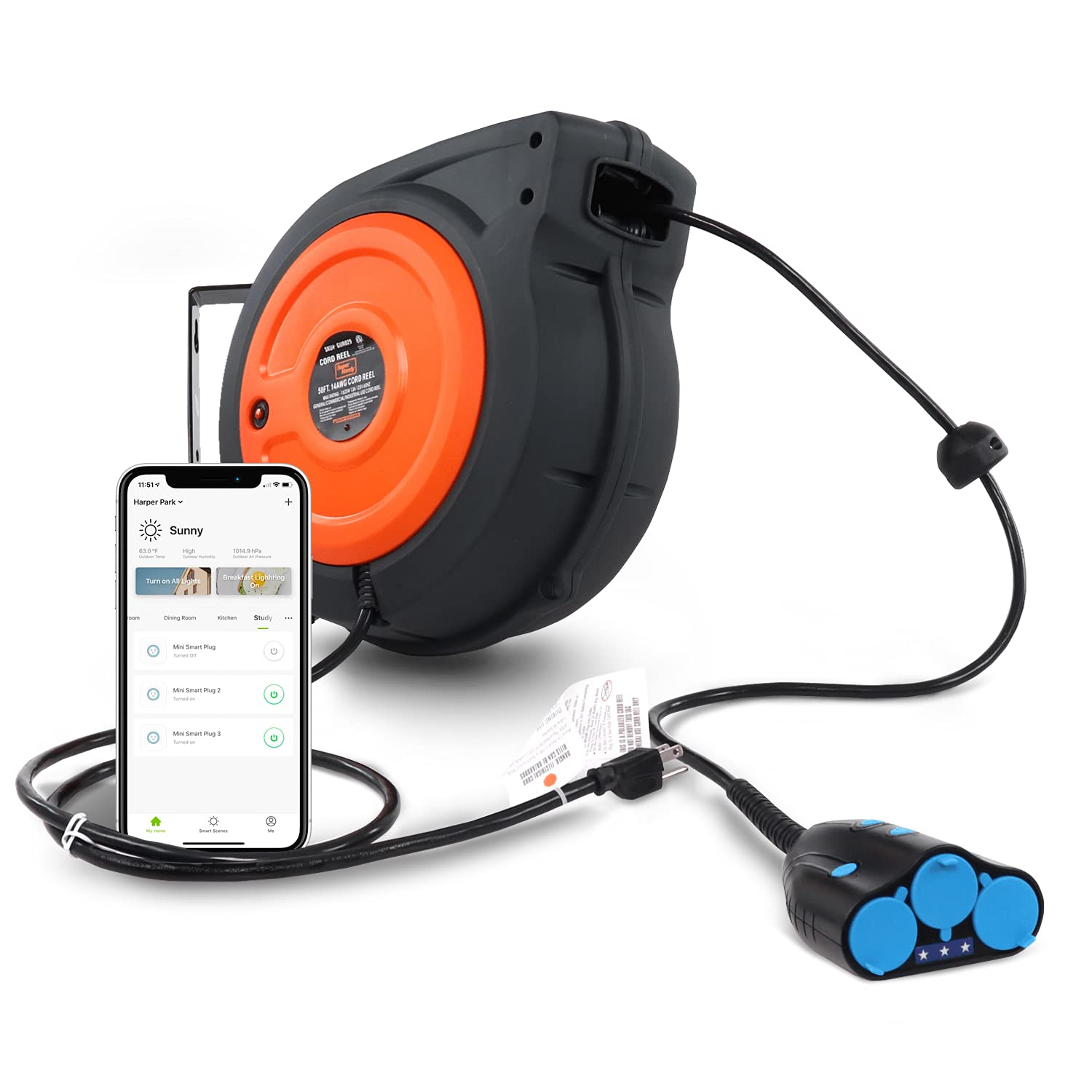 SuperHandy Cord Reel, Retractable, (14AWG x 50' Ft) 3 Outlet - Works with Alexa Built-in Smart Plugs, IP64 Waterproof, 13A 1625W, Slow & Safe Retraction