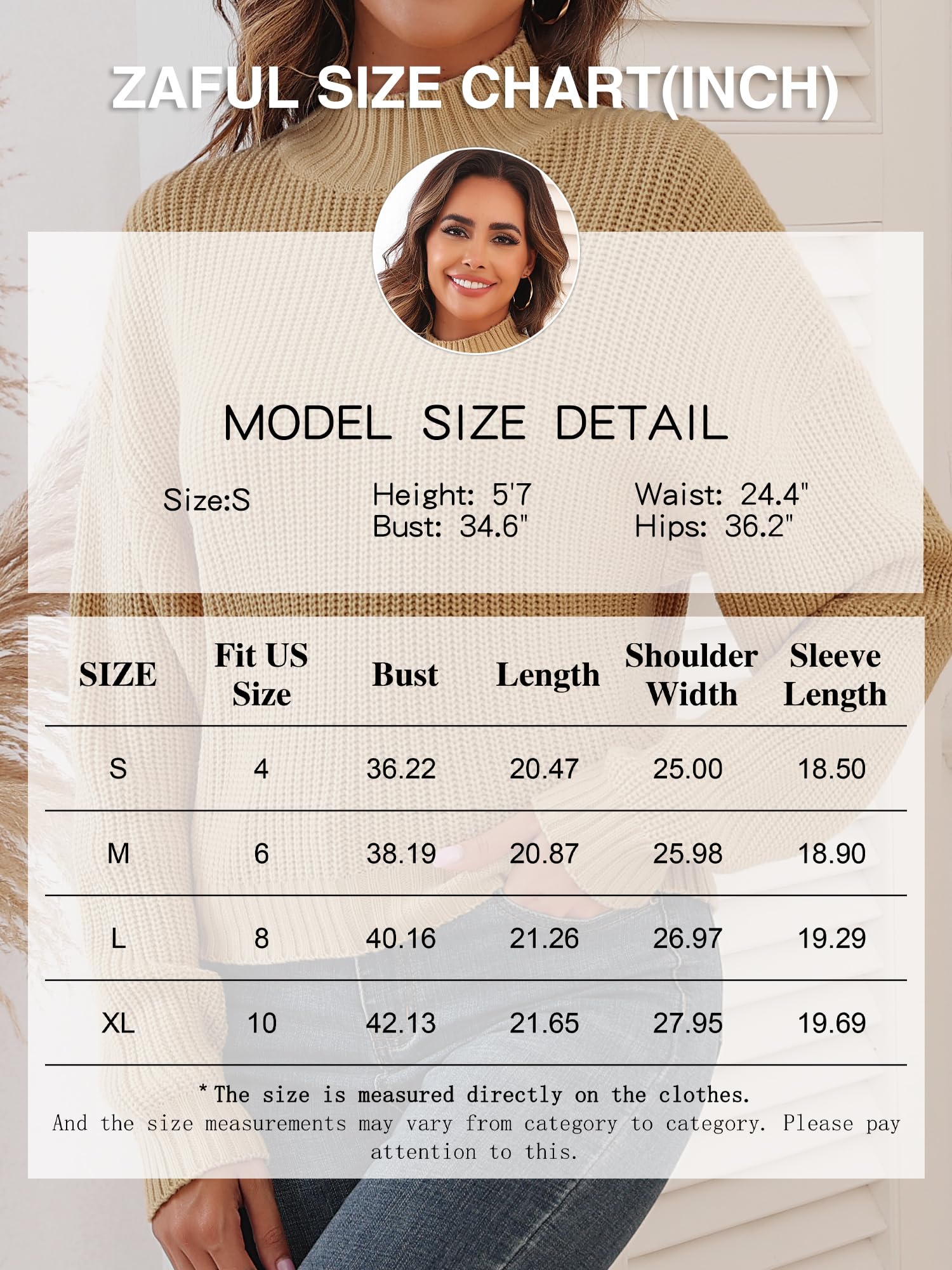 ZAFUL Women's Cropped Turtleneck Sweater Lantern Sleeve Ribbed Knit Pullover Sweater Jumper (1-Orange, M)