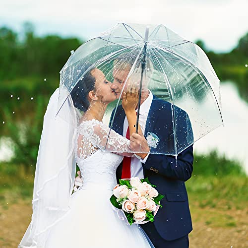 WASING 10 Pack 46 Inch Clear Bubble Umbrellas Wedding Style Large Canopy Transparent Stick Umbrellas Auto Open Windproof with White European J Hook Handle Outdoor Umbrella for Adult