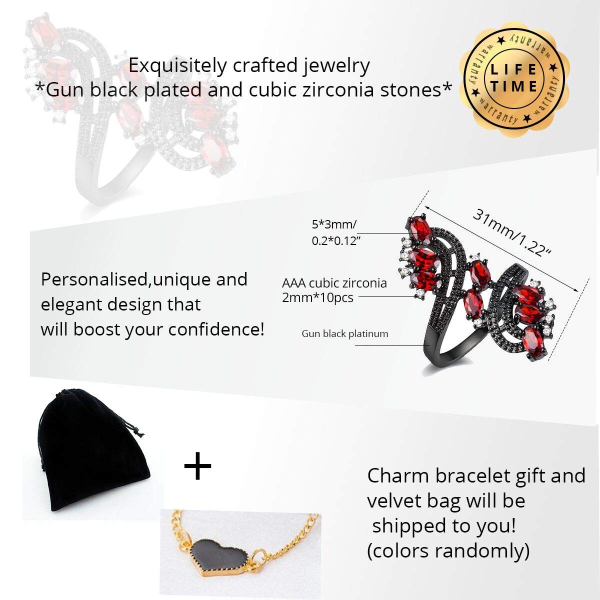 Uloveido Black Plated Wide Flower Ring with Red CZ Stones Created Ruby Diamond Unique Wedding Engagement Promise Jewelry (Red, Size 8) J656