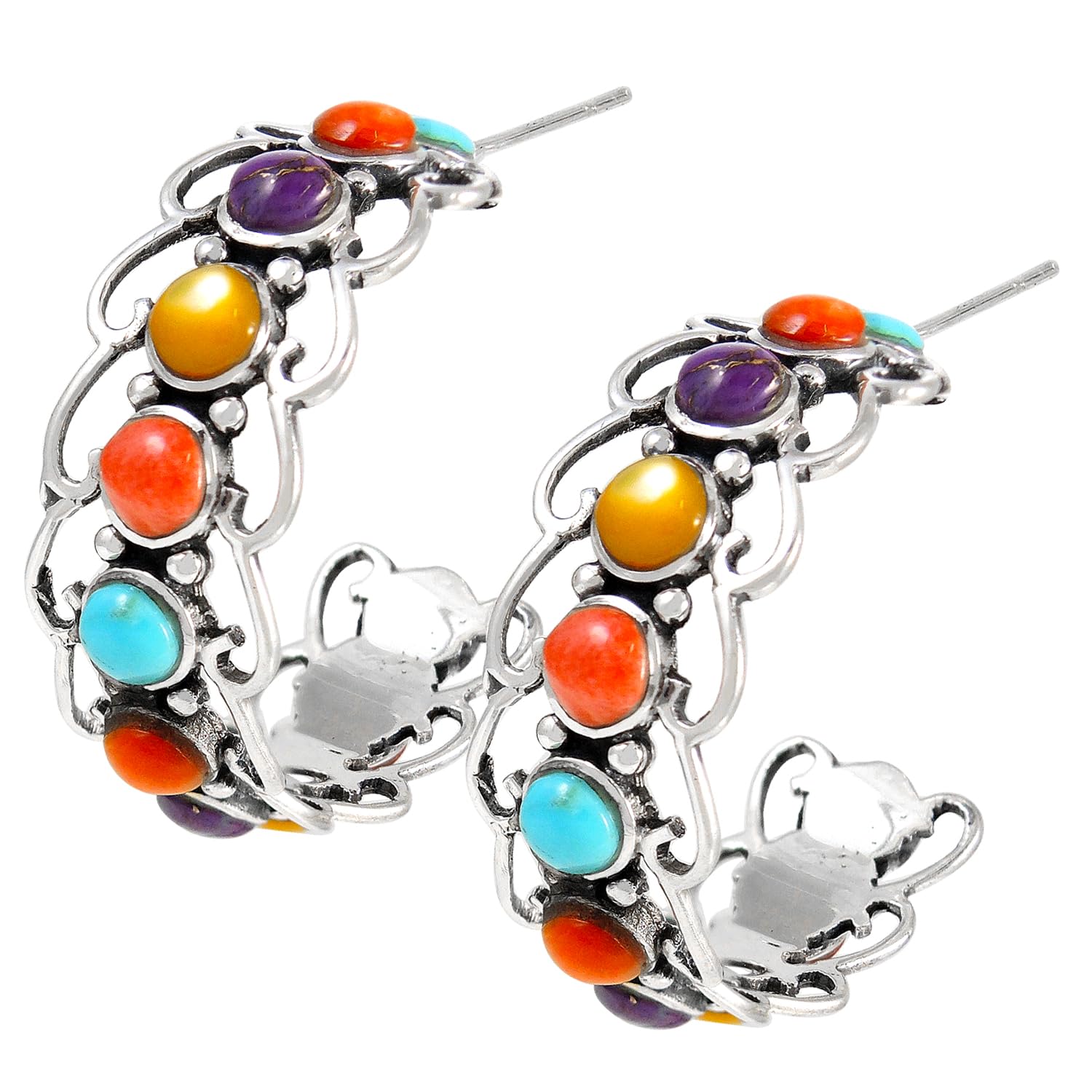 Turquoise Hoop Earrings 925 Sterling Silver & Genuine Turquoise (Multi)