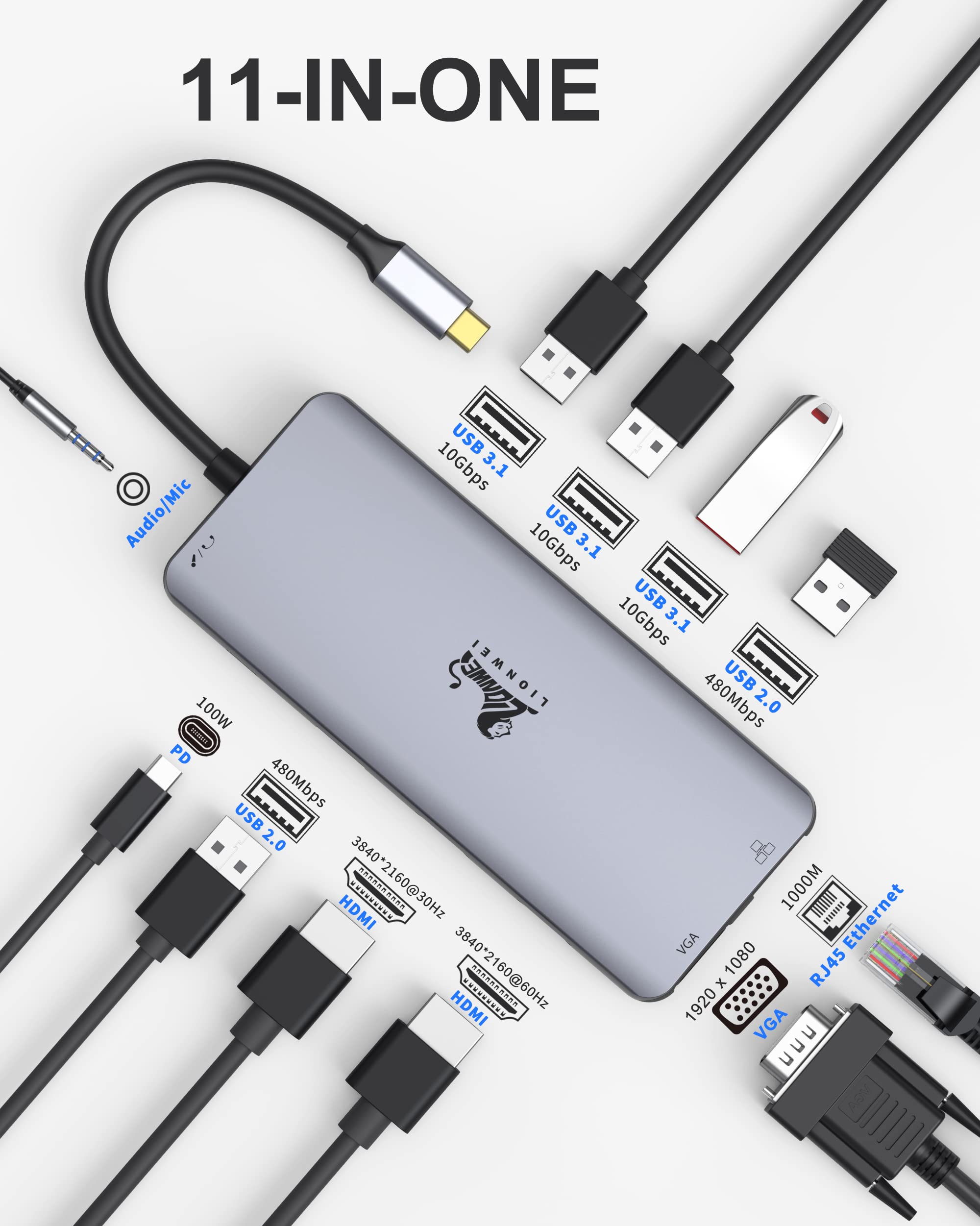 USB C Docking Station Dual Monitor, 11-in-1 USB-C Laptop Docking Station to Dual 4K HDMI,VGA,Gigabit Ethernet,3 * 10G USB 3.1,2*USB 2.0,87W PD,3.5mm Audio/Mic for Dell/Surface/HP/Lenovo Laptops