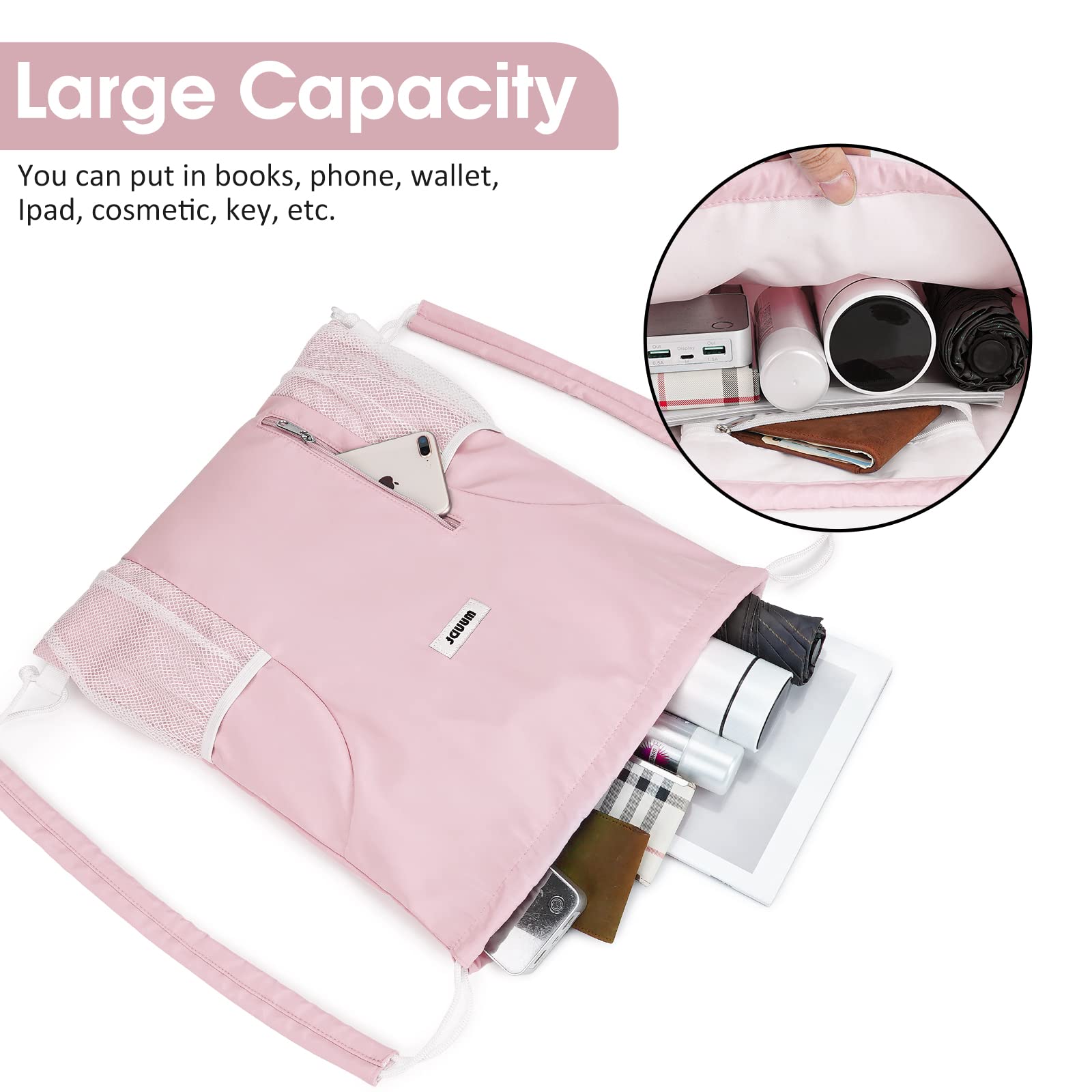 WANDF Drawstring Backpack with Shoulder Pad Sports Gym Backpack with Mesh Pocket String Bag for Women Men(Pink)