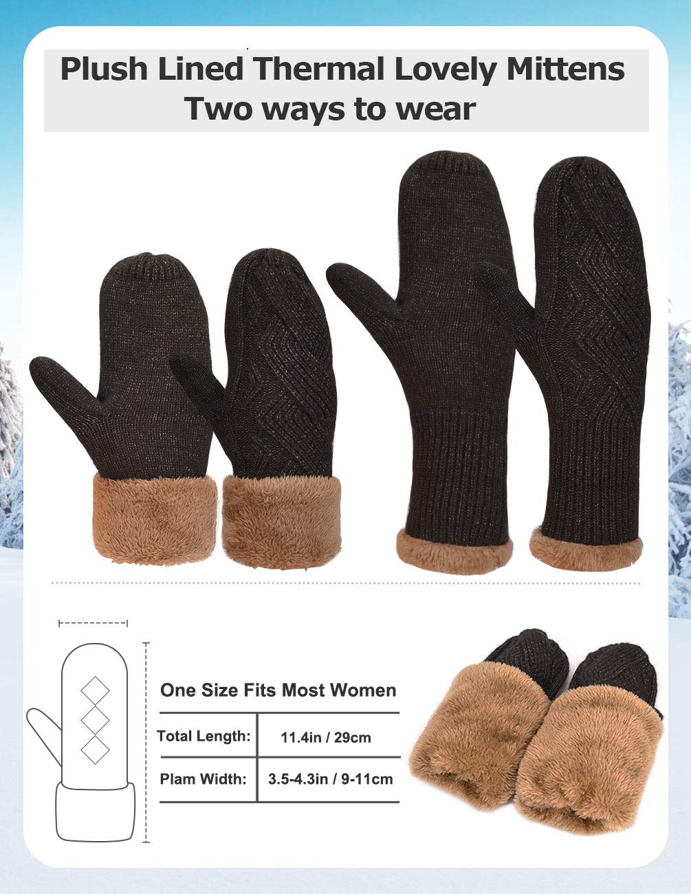 Thick Snow Hat-and-Mittens Set for-Women Black, Warm Faux Fur Pom Pom Beanie-with-Gloves Cute Pompom Ladies Winter Caps