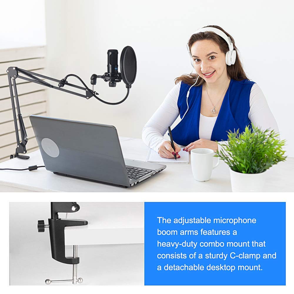 USB Condenser Microphone Bundle Kit,192KHZ/24BIT Professional Cardioid Computer Mic with Adjustable Scissor Arm Stand Shock Mount and Gain Knob for Recording, for Podcasting, Gaming, YouTube (Black)