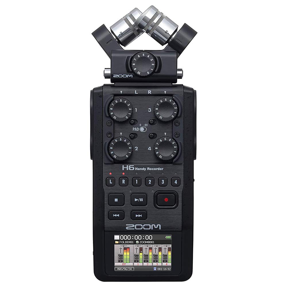 Zoom H6 All Black 6-Track / 6-Input Portable Recorder with Single Mic Capsule, Boya Omnidirectional & Cardioid XLR Lavalier Mic Bundle