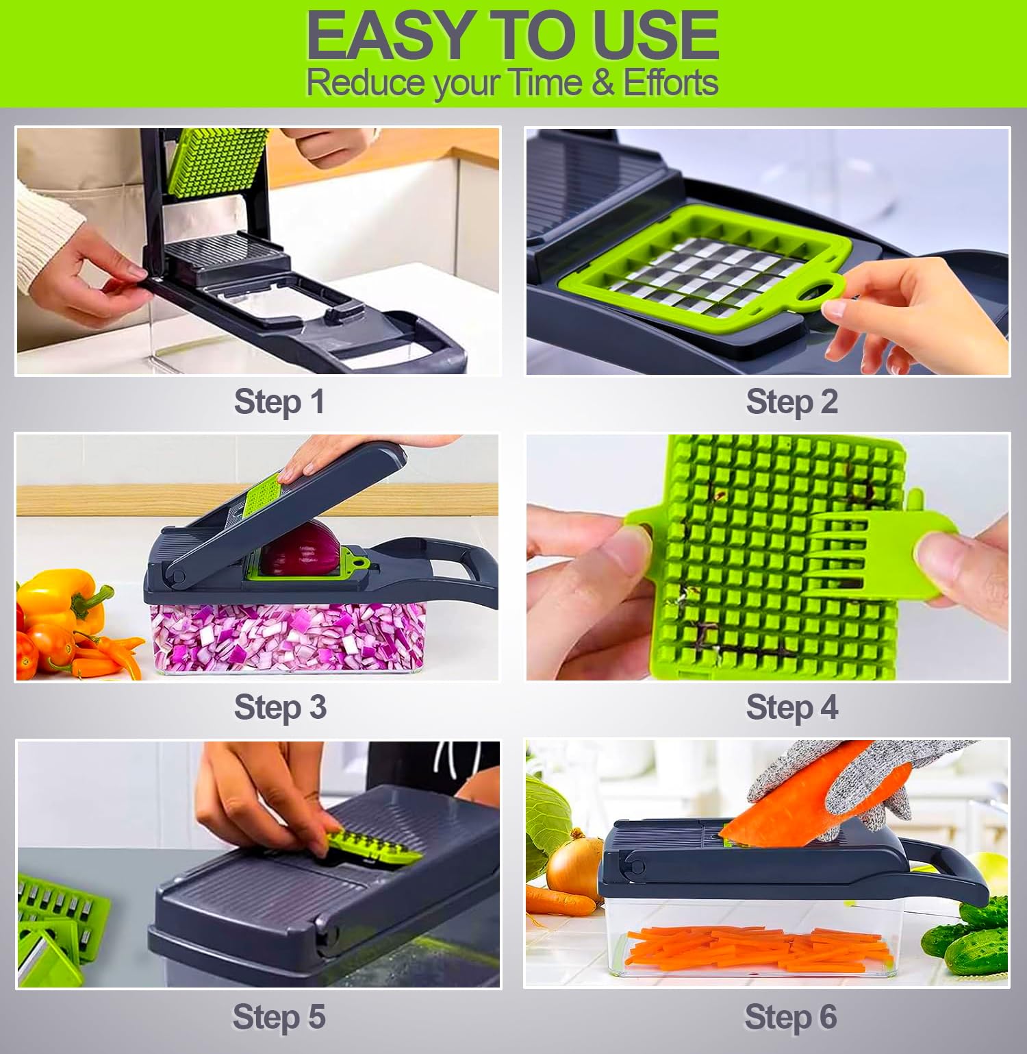 Vegetable Chopper, Pro Onion Chopper – 15 in 1 Multifunctional Food Chopper with 8 Blades - Kitchen Vegetable Slicer Dicer Cutter Peeler, Potato,Carrot,Garlic & Veggie Chopper with Container (Grey)