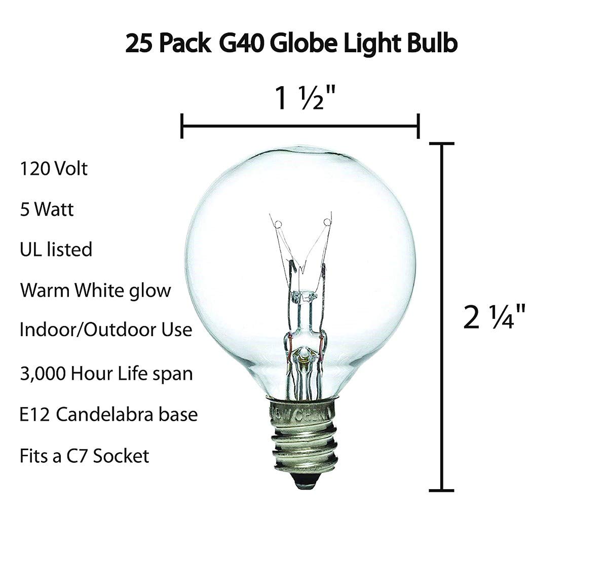 SUNSGNE Clear Globe G40 Bulbs Replacement Screw Base Light Bulbs 1.5-Inch, 5 Watt - Fits E12 and C7 Sockets, 25 Pack
