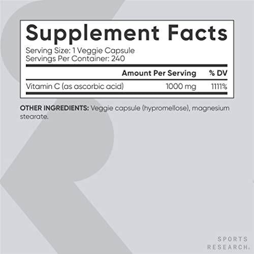 Sports Research High Potency Vitamin C Supplement - Vegan Veggie Capsules for Antioxidant Activity & Immune Support - Non-GMO Verified & Gluten Free - Ascorbic Acid Vitamin C 1000mg, 240 Count