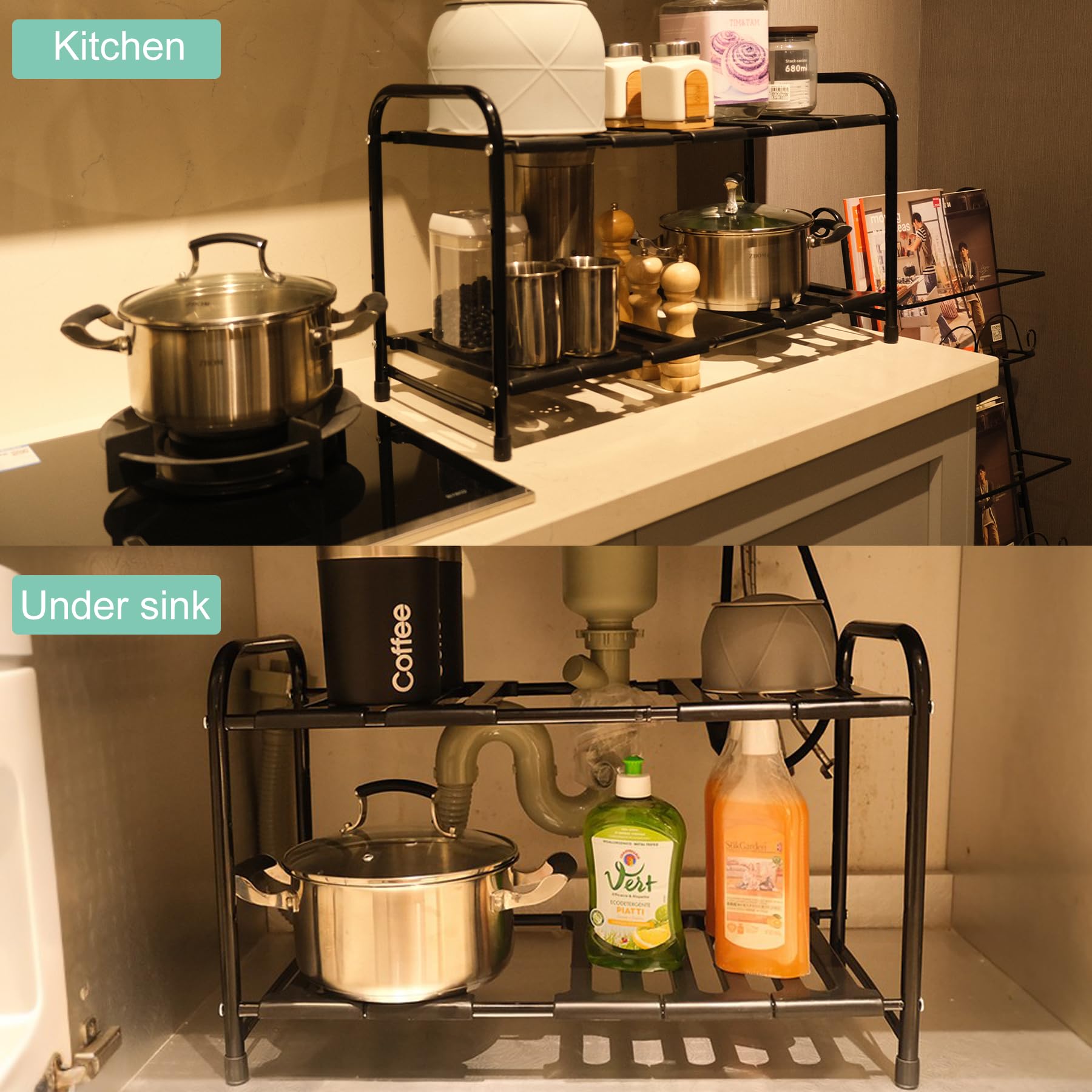 Under Sink Organizers and Storage, Expandable Metal 2 Tier Cabinet Shelf Storage Rack With 10 Detachable Panels for Kitchen Bathroom