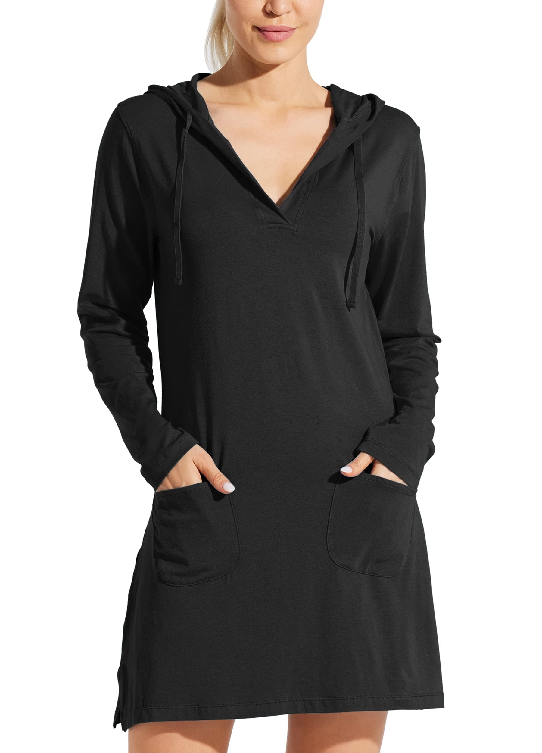Willit Women's Long Sleeve Cotton Swim Cover Up UPF 50+ SPF Dress Hooded with Pockets Sun Protection Beach Coverup Black L
